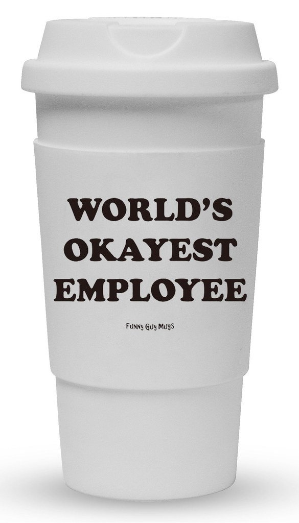 Funny Guy Mugs World's Okayest Employee Travel Tumbler with Removable Insulated Silicone Sleeve, White, 16-Ounce