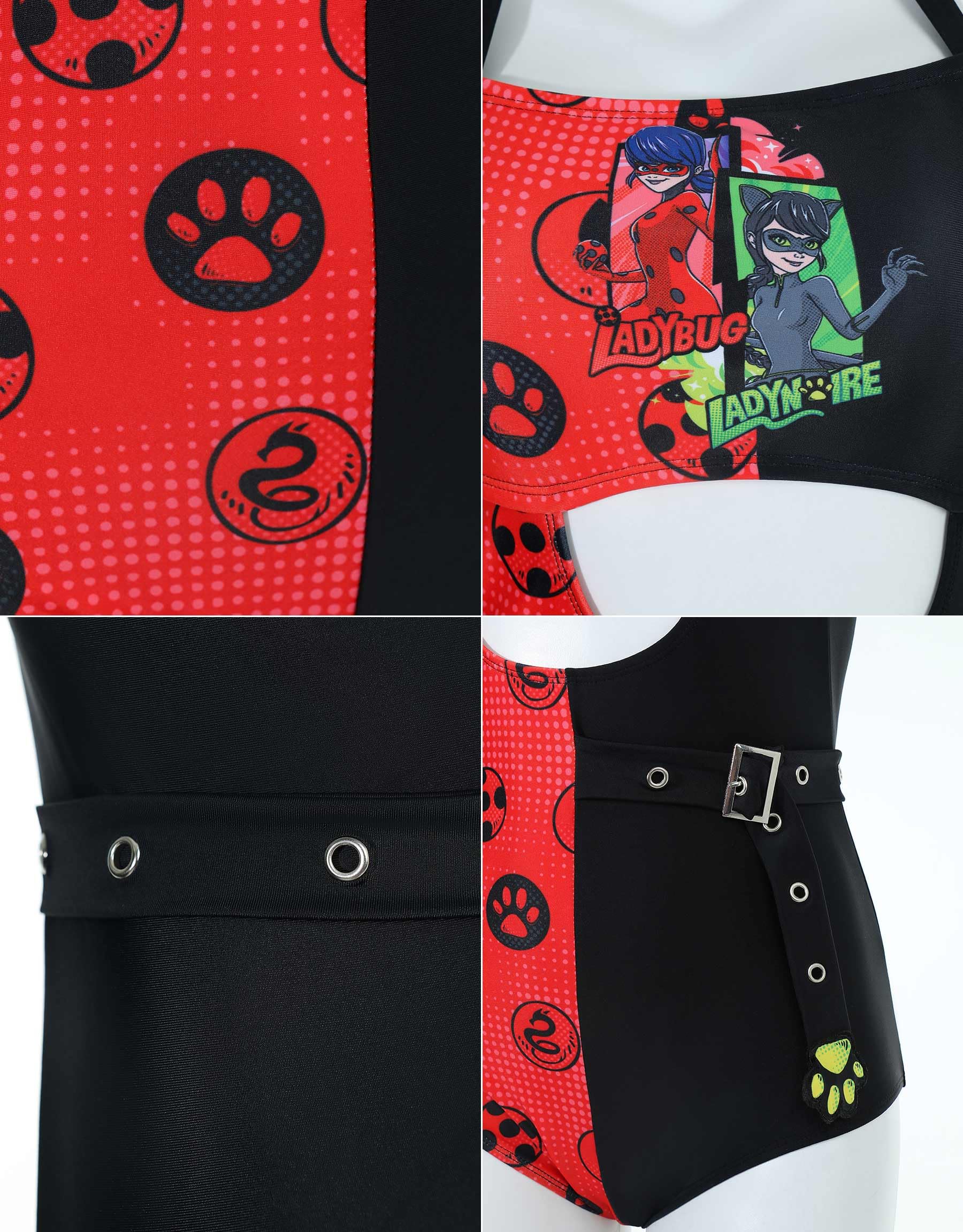 Miraculous Women's Ladybug and Lady Noir Beach Halter One Piece Swimsuit Bathing Suit (as1, Alpha, x_l, Regular, Regular, Black and Red)