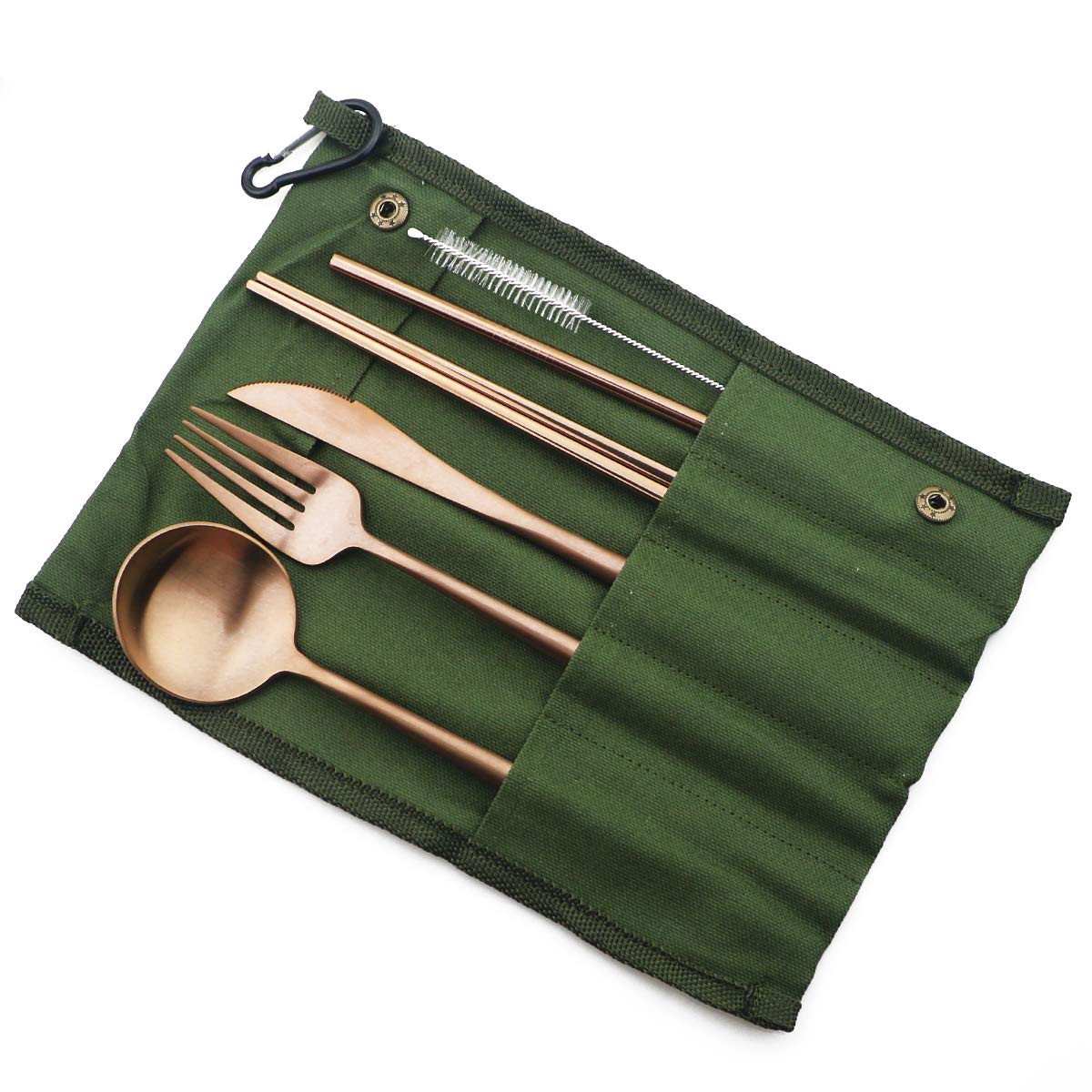 Gugrida Reusable Travel Utensils, 7 Piece Portable 304 Stainless Steel including Knife Fork Spoon Chopsticks Cleaning Brush Straws Portable Pouch, Eco-friendly Camping Silverware Set, Dishwasher Safe