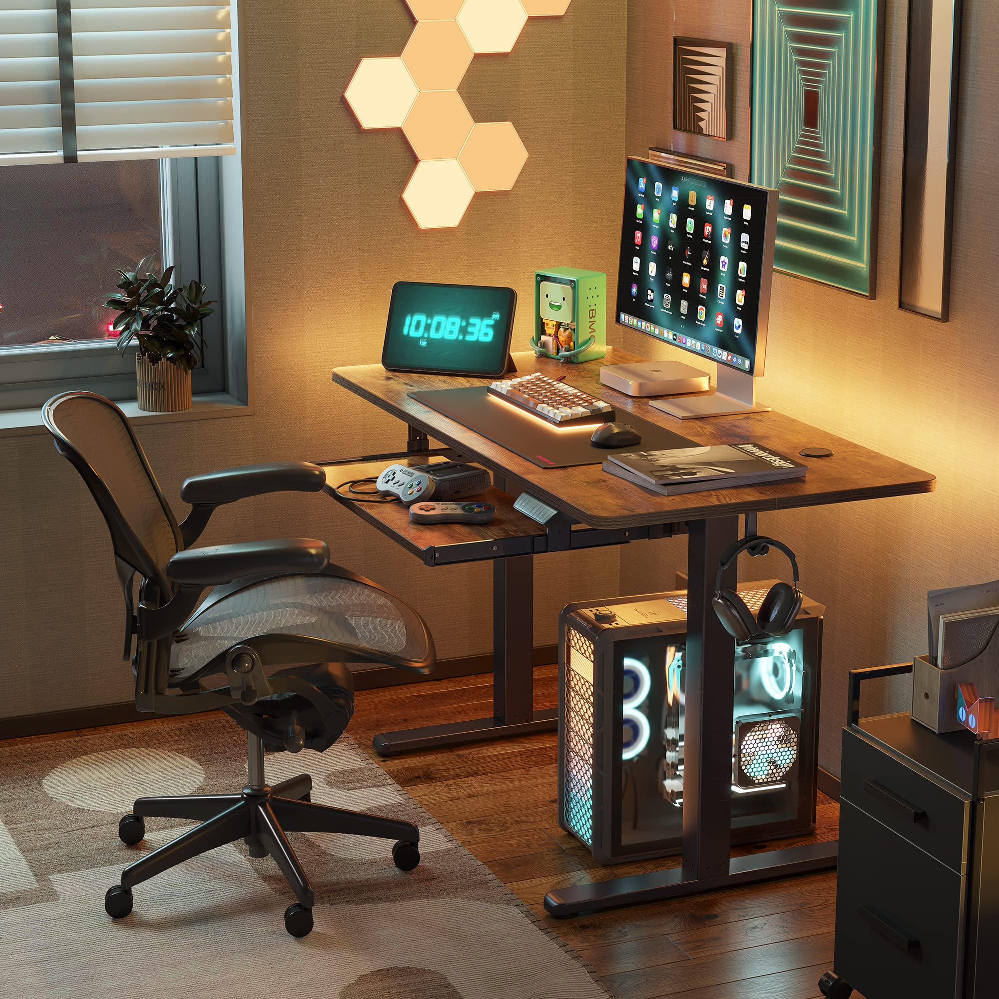 FEZIBO 40 * 24 Inches Height Adjustable Desk with Keyboard Tray and 3-Drawer Mobile File Cabinet