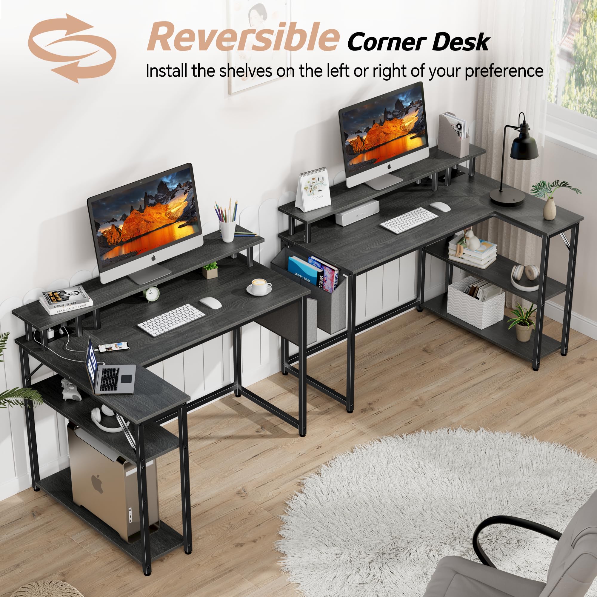 Mr IRONSTONE L Shaped Desk with Power Outlets & LED Lights, Computer Desk with Long Monitor Stand, 47 Inch Office Desk, Corner Desk for Small Space, Home Office Desk, Black Oak