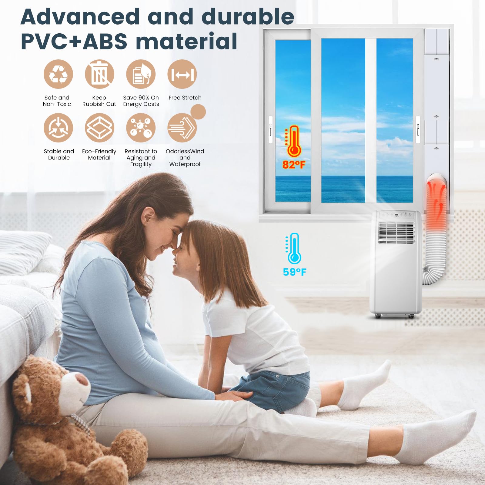 HIMONI Portable Air Conditioner Window Vent Kit, 78 Inch Exhaust Hose with 5.1 Inch Diameter, Adjustable 17-61"" Seal Plates, Seamless AC Vent Kit for Sliding Horizontal or Vertical Windows, White