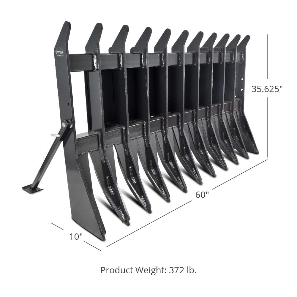 Titan Attachments Skid Steer Root Rake Attachment 60in Wide, Universal Quick Tach Hookup, Root Clearing Brush Rake, Land Clearing Site Prep Implement, Roll Debris, Silage, Brush to Burn Pile