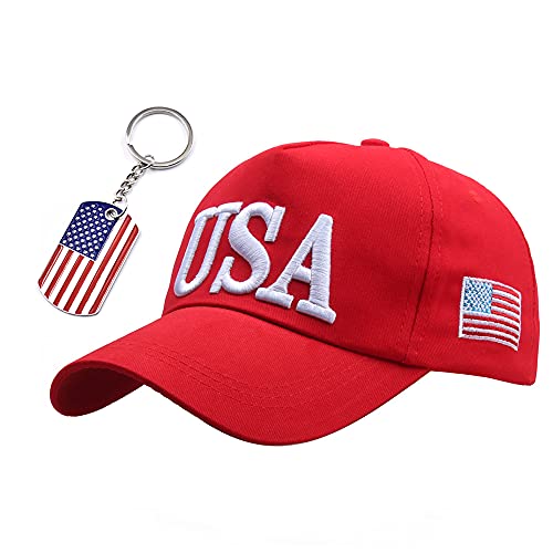 EIKOU RED USA Baseball Cap Polo Style Embroidered Dad Hat Adjustable American Flag for Men and Women（Come with The Flag Necklace）