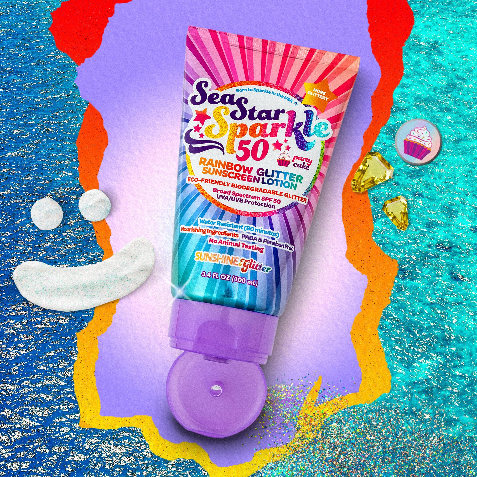 Seastar Sparkle - Rainbow Party Cake Scented Glitter Sunscreen - SPF 50 - Biodegradable Sunscreen, Kids, Water Resistant, Glitter lotion, Cruelty Free, Kids Lotion, Made in USA, 3.4oz