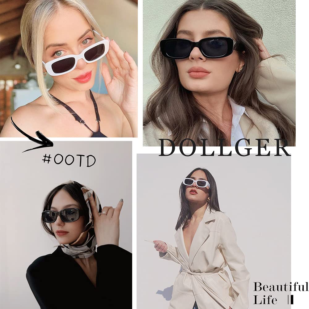Dollger Trendy Rectangle Sunglasses For Women Men Trendy Vintage Rectangular y2k white Shades sunglasses Black+ white