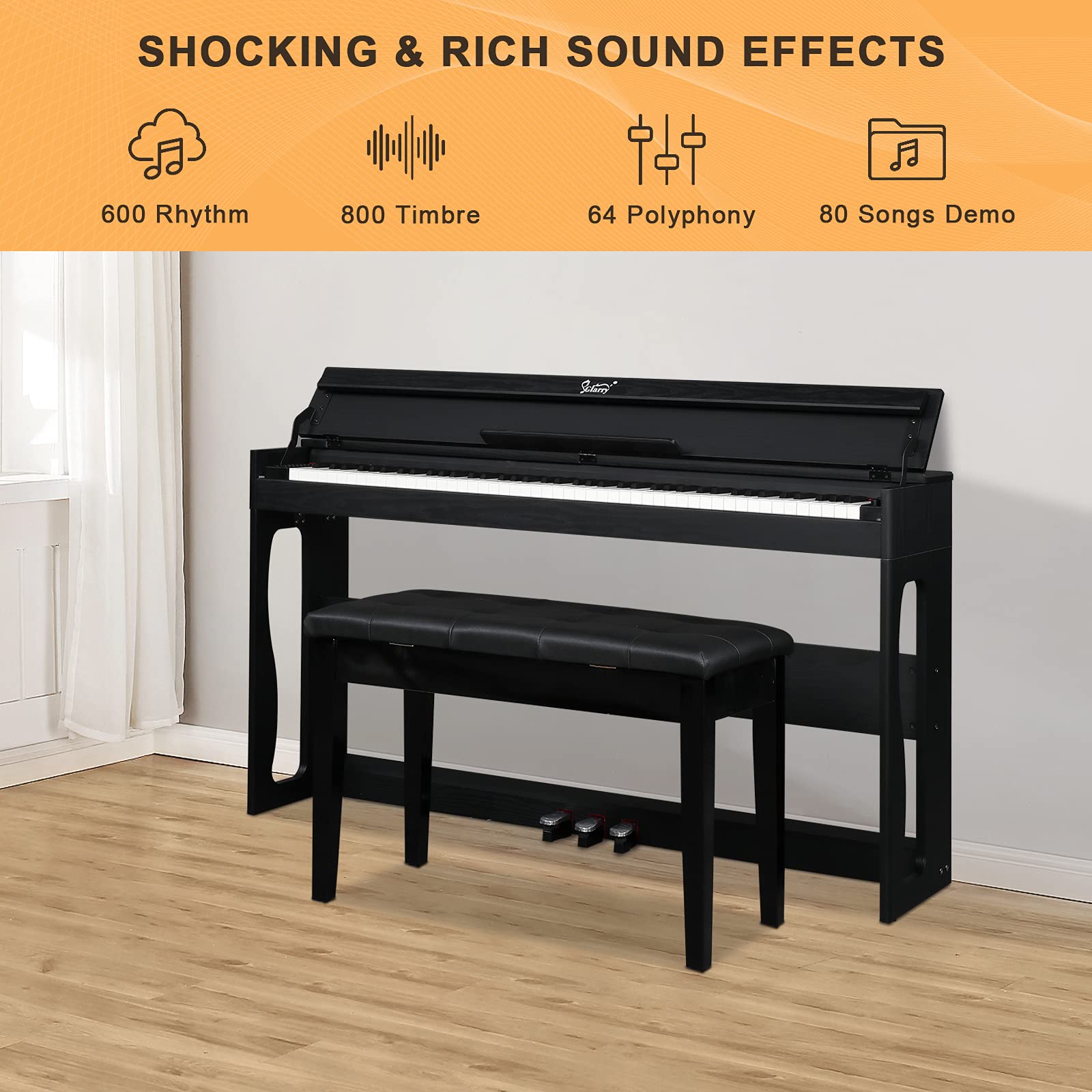 GLARRY 88 Key Home Digital Piano Set for Beginners, Electric Piano Keyboards MP3/USB/MIDI/Bluetooth Function w/Piano Bench, Music Stand, Headphone, Metal Pedals, Instruction (Black)