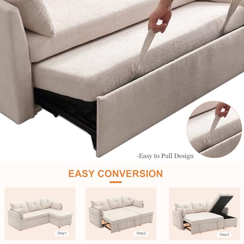KYLE & KAY Convertible Sleeper Sofa Bed, L-Shaped Sectional Couch with Storage Chaise, Pull-Out Modular Chenille Sofa Bed for Small Apartments,Living Room and Office, Beige
