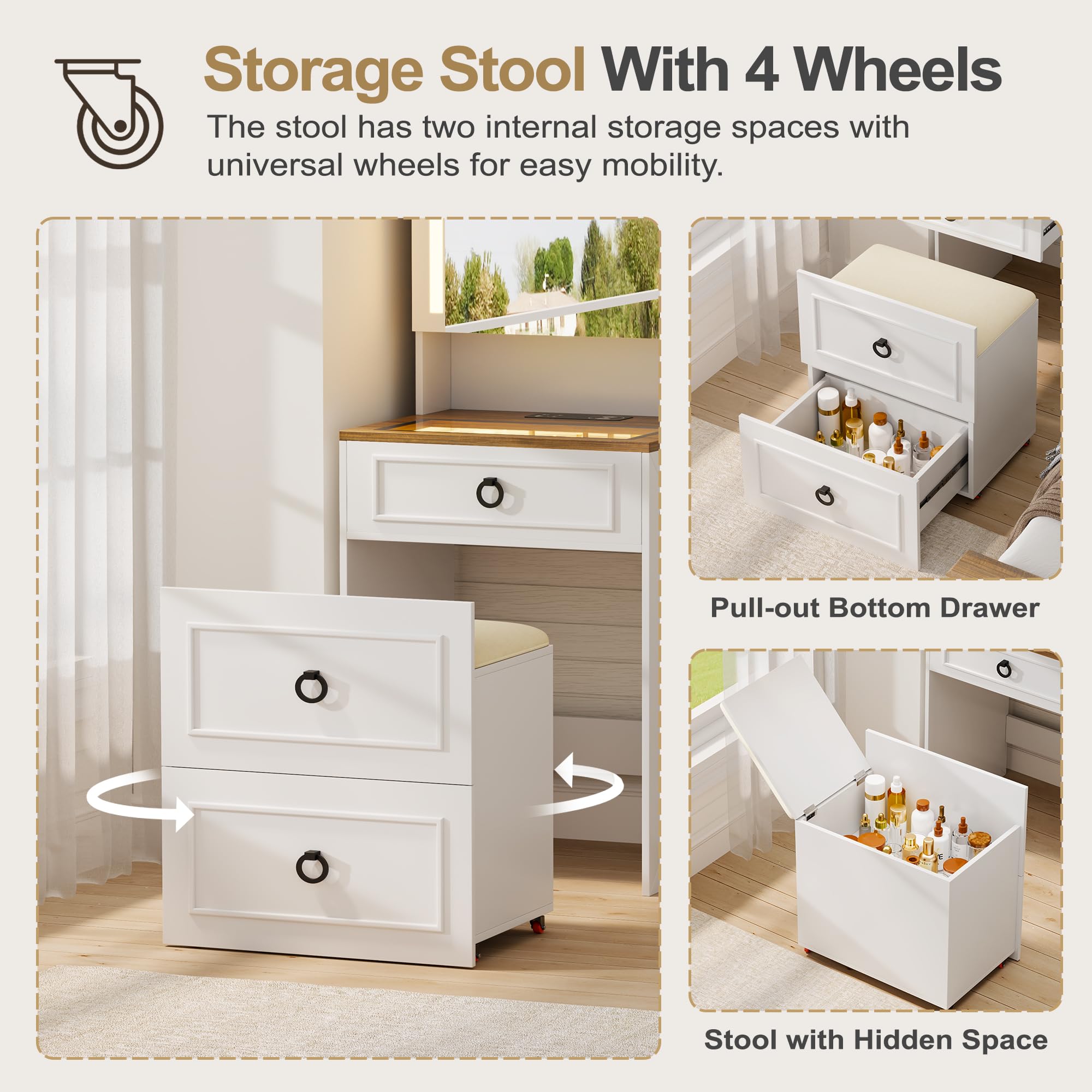 Lvifur Small Vanity Desk with Mirror and Lights, Modern Glass Top Dressing Table with Wheels & Charging Station, Compact Makeup Vanity Set with Jewelry Space & Hidden Storage Stool (White)