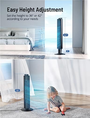 PARIS RHÔNE Tower Fan with Remote, 90° Oscillating Quiet Cooling Fan, 42'' or 36'' Height Adjustable, 5 Speeds, Sleep Mode, 12H Timer, Tall Standing Room Fan for Bedroom, Office and Home