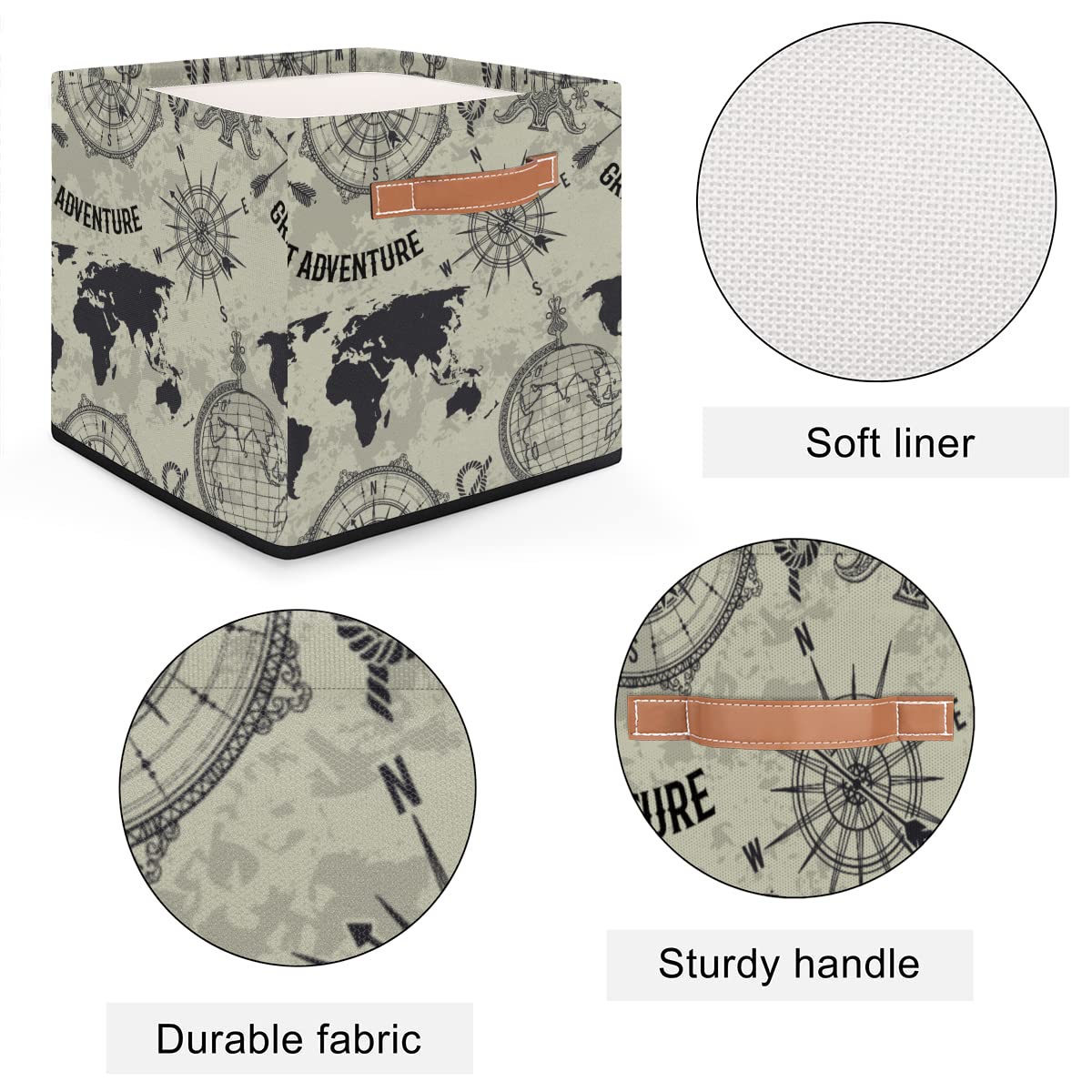 Foldable Storage Bins 13x13 Storage Cubes Old Adventure Map Fabric Storage Baskets for Shelves Drawer with Handles Organizer for Shelves Toy Nursery Closet Bedroom