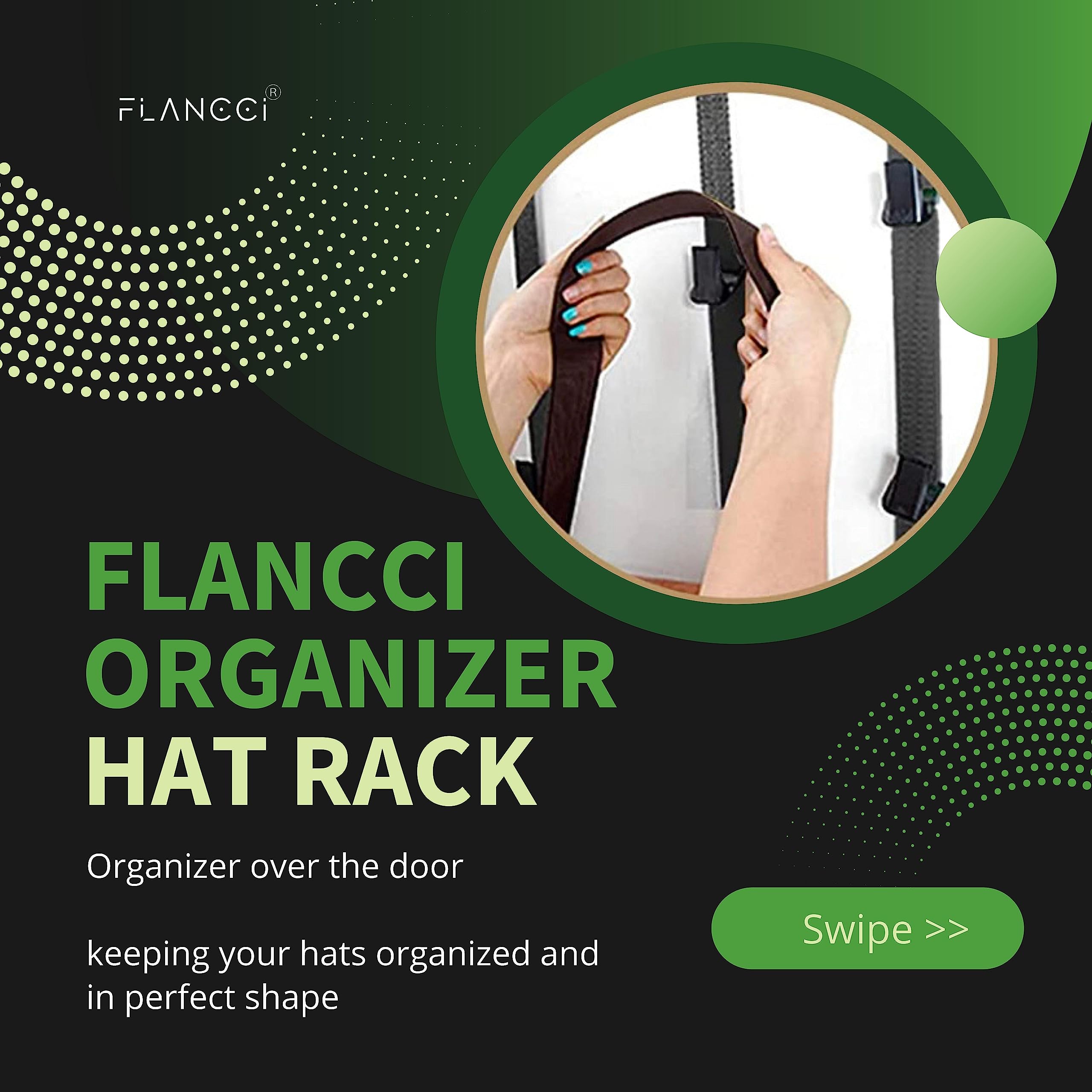 FLANCCI Hat Rack Organizer over the door, Baseball cap holder, hat hanger for closet door rack, Adjustable hat storage racks, Two Straps, Holds up to 18 Caps with adjustable hanging hooks