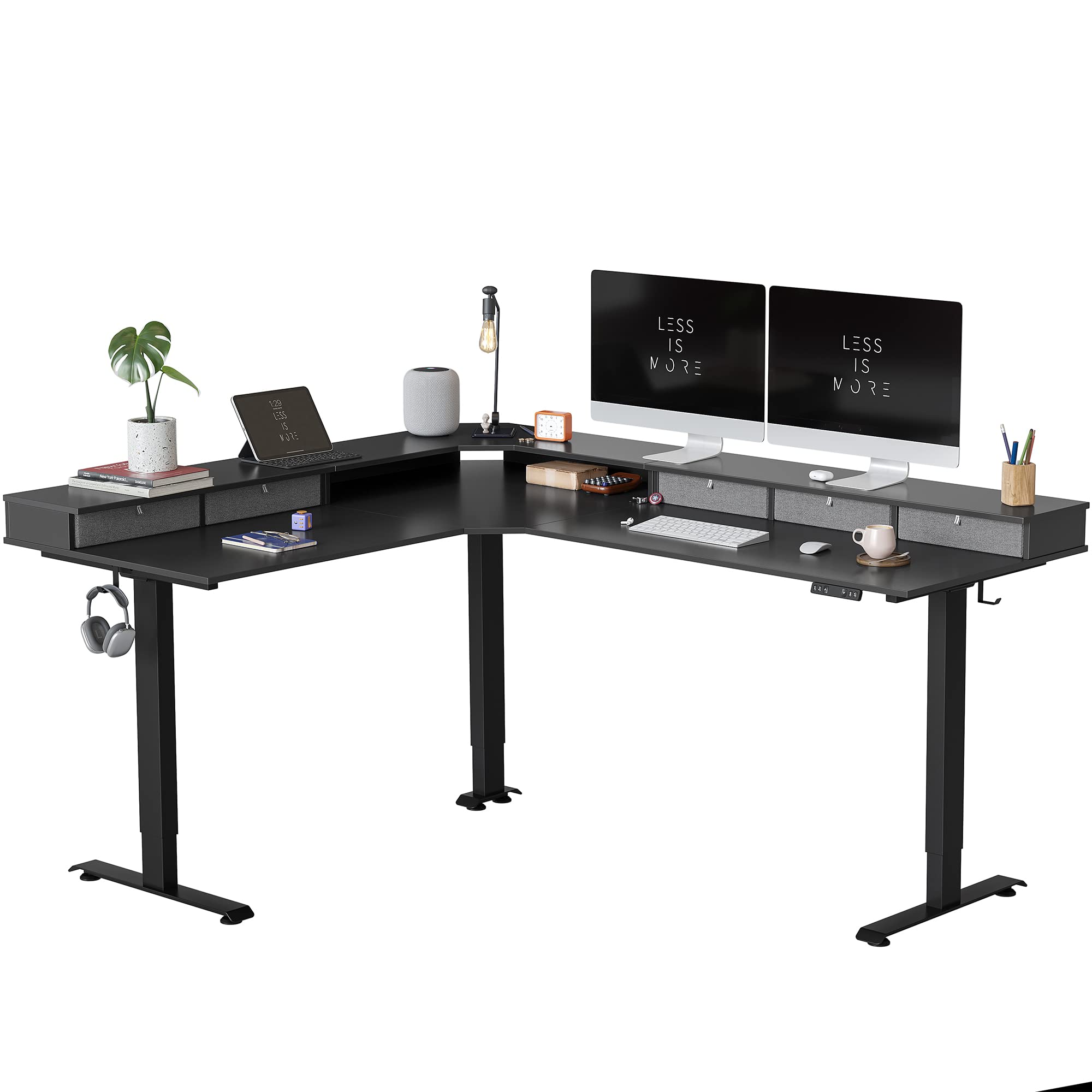 FEZIBO 75" Triple Motor L Shaped Standing Desk with 5 Drawers, Reversible Standing Gaming Electric Desk Adjustable Height, Corner Stand up Desk with Splice Board, Black Frame/Black Top
