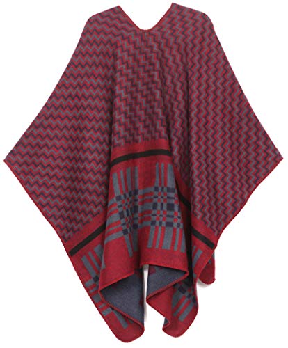 Sakkas 1928 - Lupe Womens Reversible Poncho Wrap Cape Shawl Sweater Coat Cardigan Pattern - Zigzag Burgundy - OS