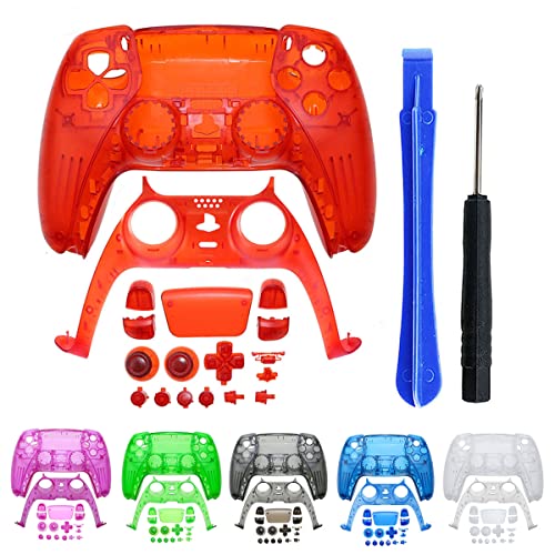 DIY Full Housing Shell Front Back Cover Case for PS5 Full Set Buttons Decorative Plating Faceplate Strip Toools for PS5 Controller Replacement (Clear Pink)