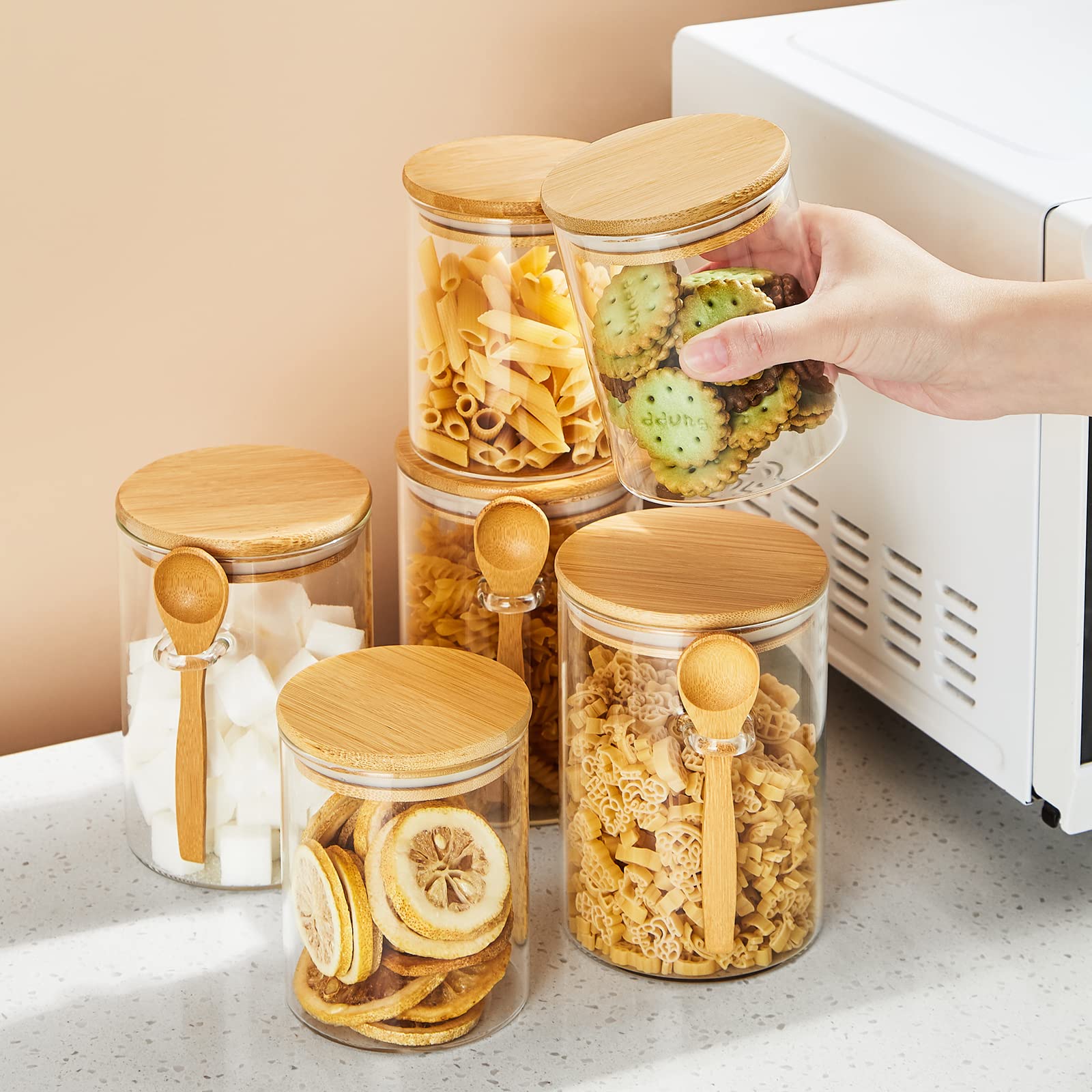 ERISED 6Pack-39Oz,Glass Jars Containers with Bamboo Airtight Lid & Spoon, Food Storage Canister, Clear Glass Canisters for Cookie, Candy, Coffee, Sugar, Matcha Tea, Flour, Nuts & More