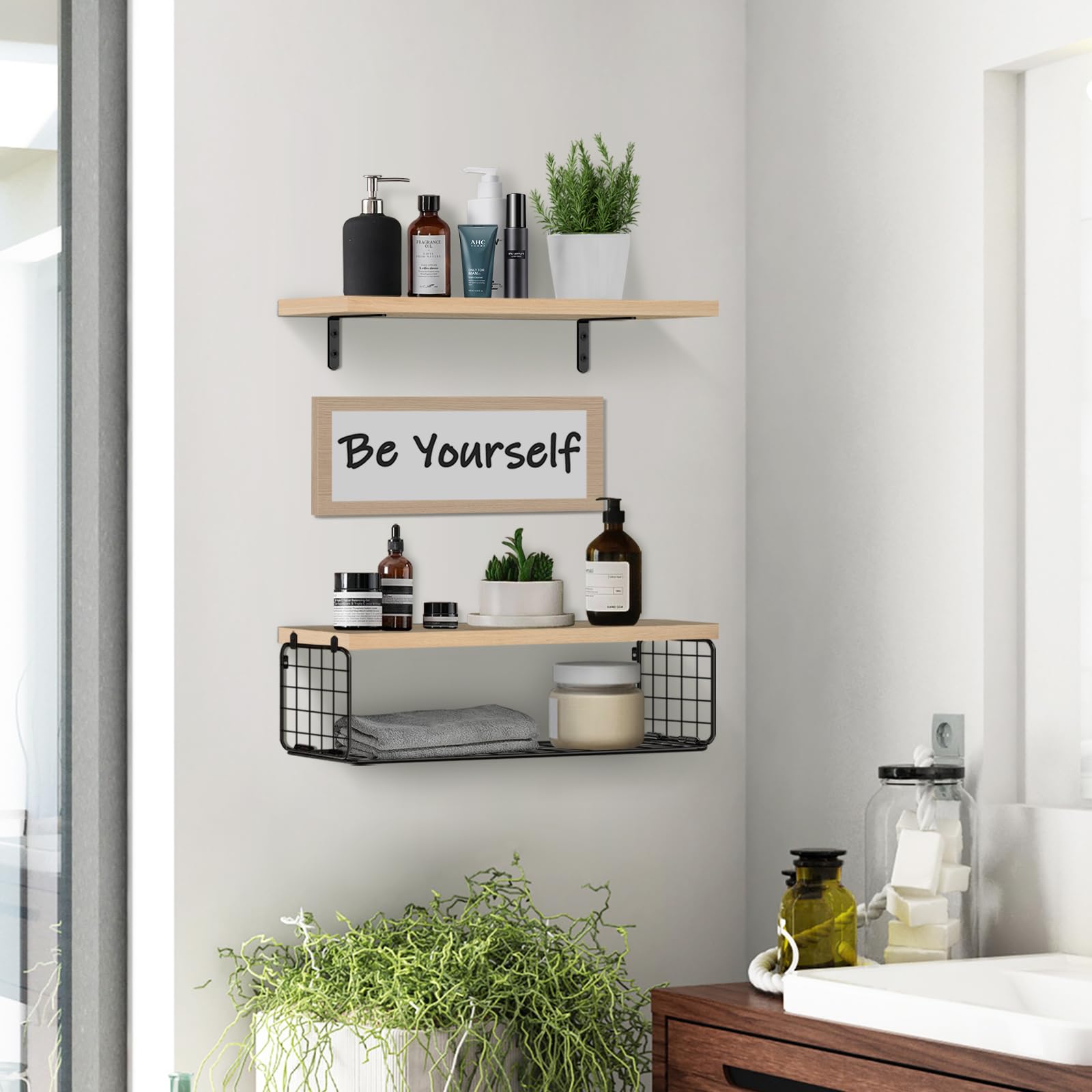 KOROI Bathroom Shelves Over Toilet,Floating Shelves Wall Mounted with Storage Basket,Wall Shelves for Bathroom,Bedroom,Living Room (Light Brown)