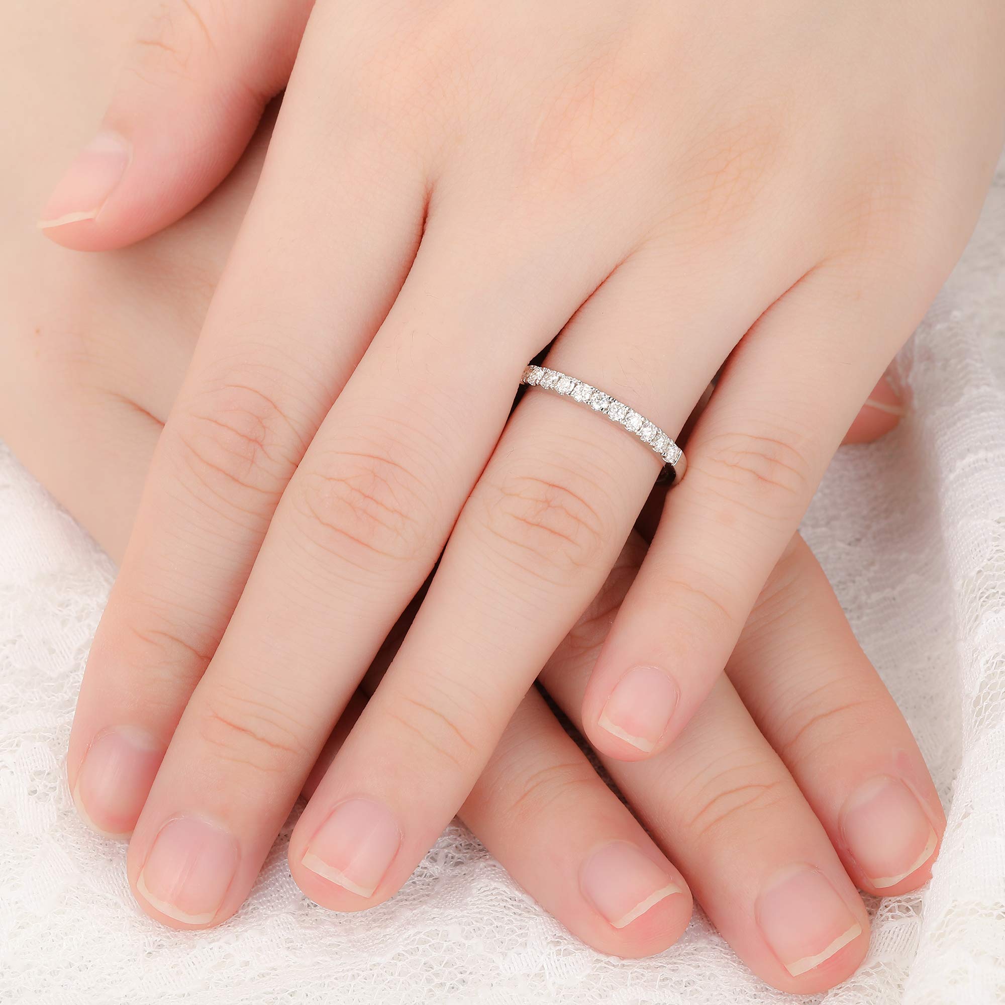 Esdomera Brilliant 0.46ctw Round Cut Moissanite Half Eternity Wedding Band With Platinum Plated Sterling Silver Ring For Women (4)