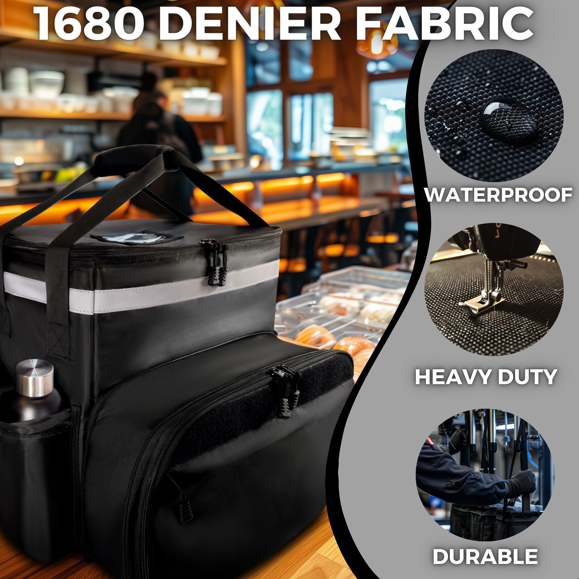 Insulated Food Delivery Backpack made with Expandable 1680D commercial-grade fabric features customizable Velcro patch area for branding, ideal for bike deliveries, Uber Eats, DoorDash, Grubhub