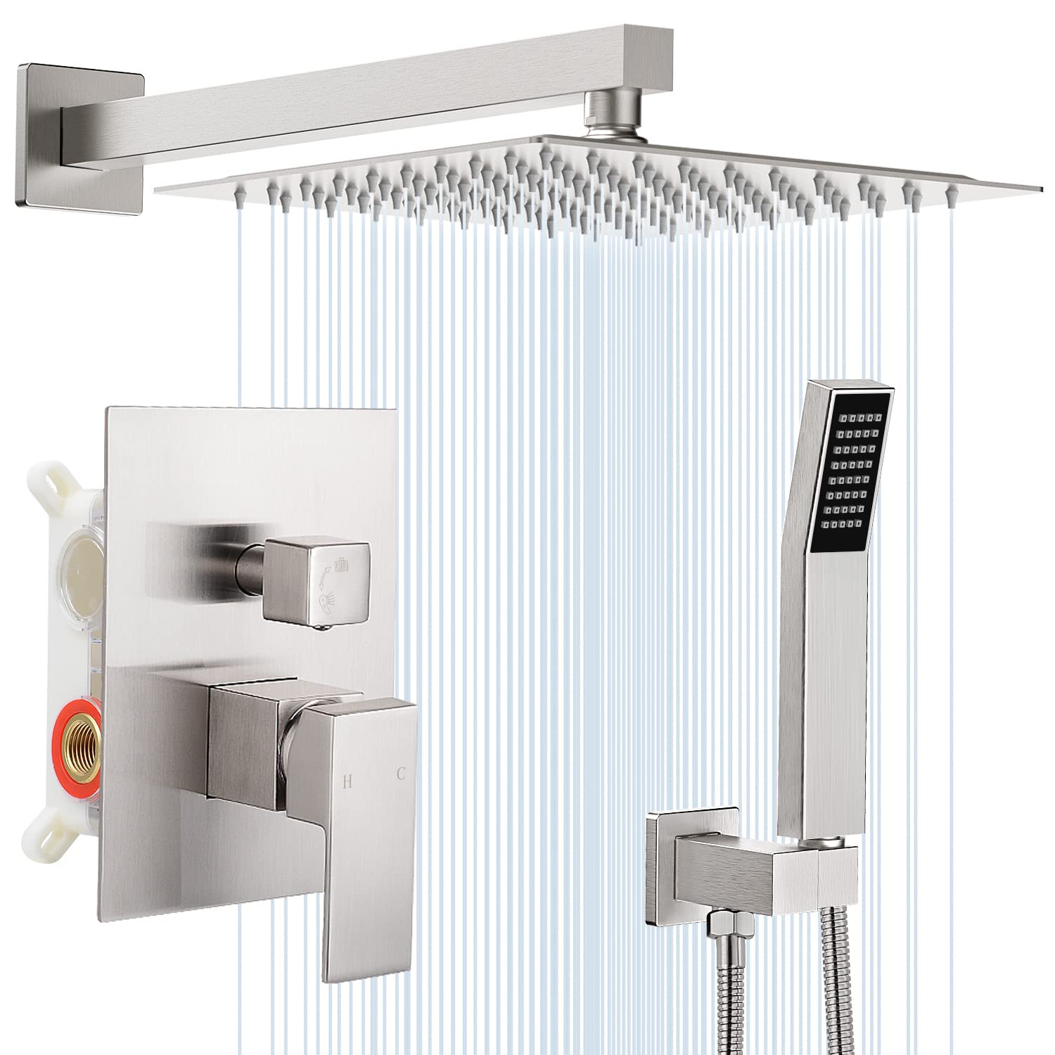 HGN 10 Inches Bathroom Rain Shower Combo Set Wall Mounted Rainfall Brushed Nickel Shower Head System Rough-in Valve Body and Trim Included