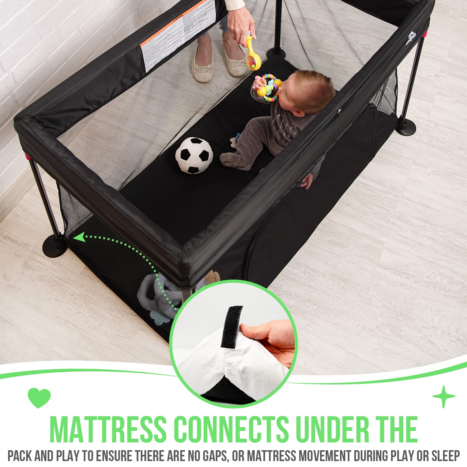 Foldable Travel Crib - Super Lightweight Portable Play Pen + Waterproof Mattres & 100% Cotton Fitted Sheet Bundle - Easy to Pack Fits in a Suitcase Sets up in 30sec Safe for Infantts & Toddler Black