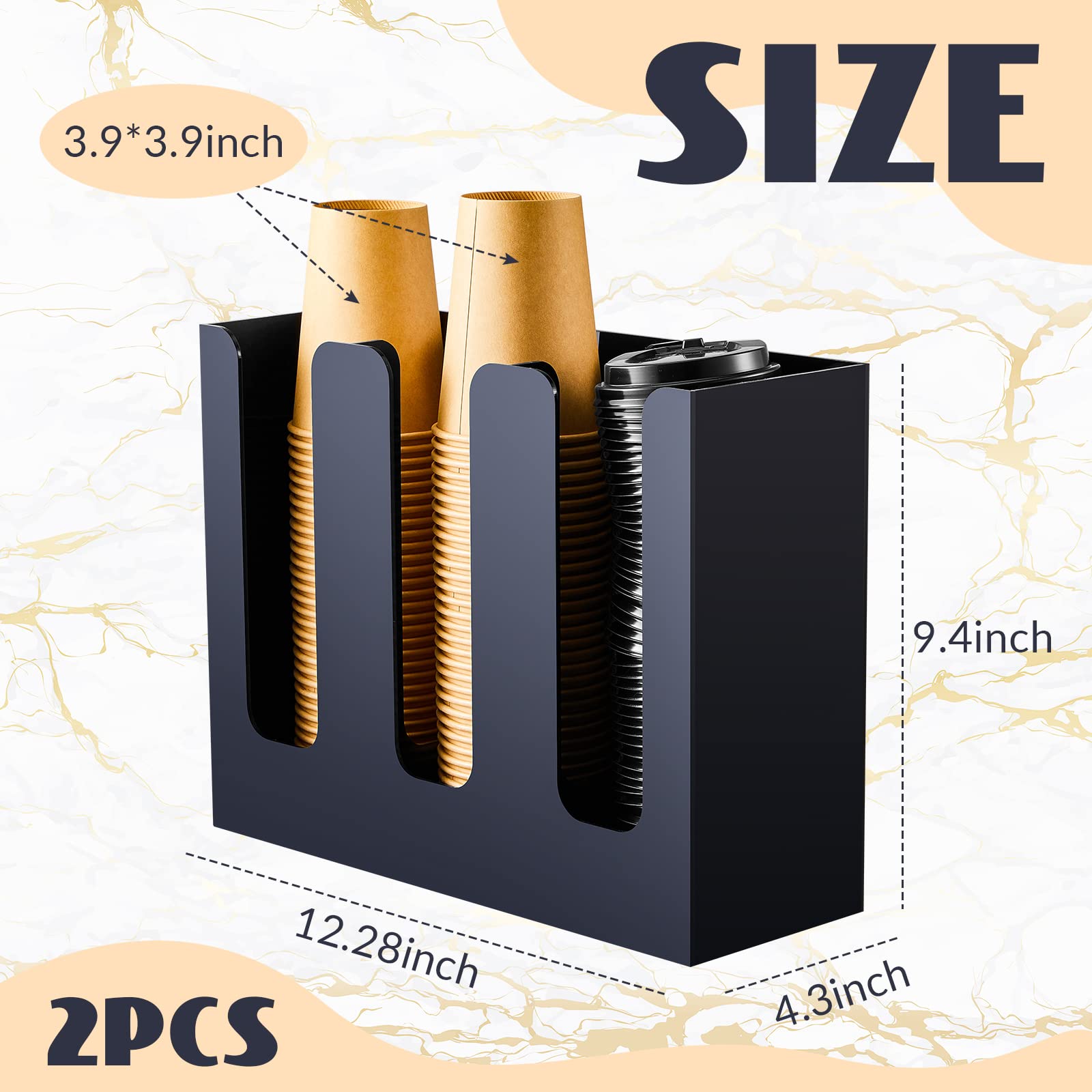 Mumufy 2 Pack 3 Compartments Acrylic Cup Storage Organizer Coffee Cup Dispenser Organizer Disposable Coffee Cup Holder Coffee Organizer Station Paper Cup Lid Sleeve Holder for Restaurant (Black)
