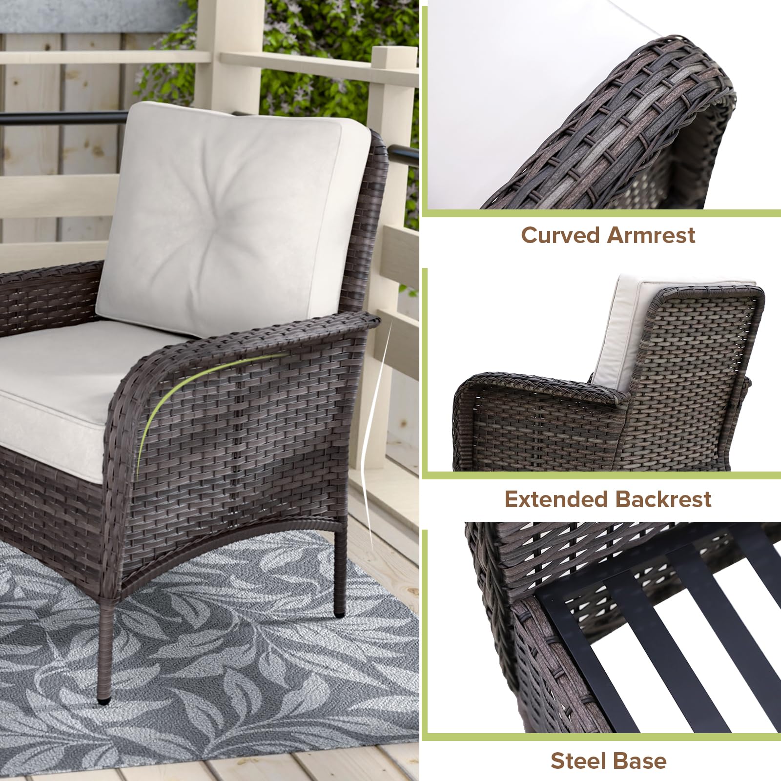 INTER HUT 4-Piece Outdoor Furniture Set - PE Rattan Wicker Loveseat, 2 Chairs, and Steel Table Conversation Set for Patio, Backyard, Poolside and Lawn