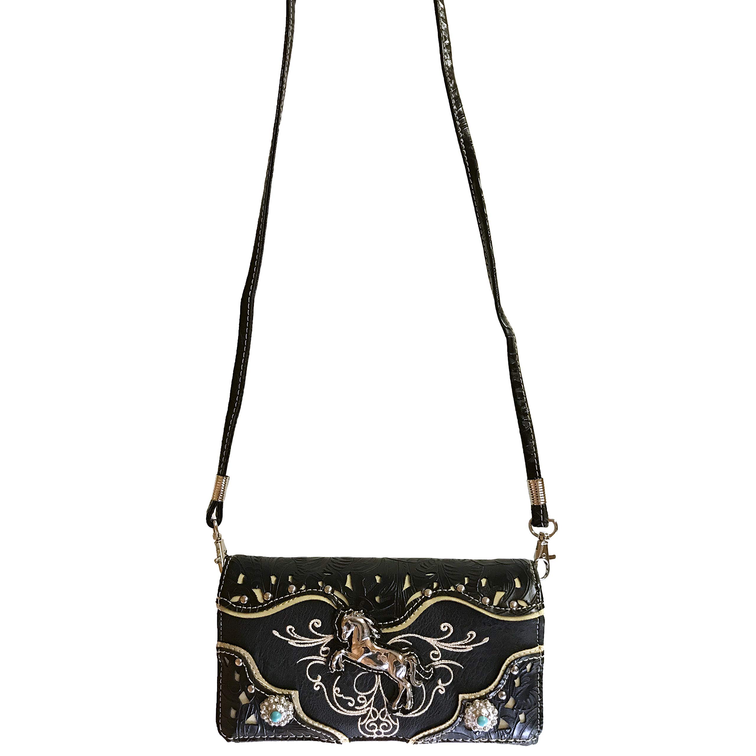 Zelris Western Rearing Horse Embroidered PU Vegan Leather Crossbody Wallet (Tan)