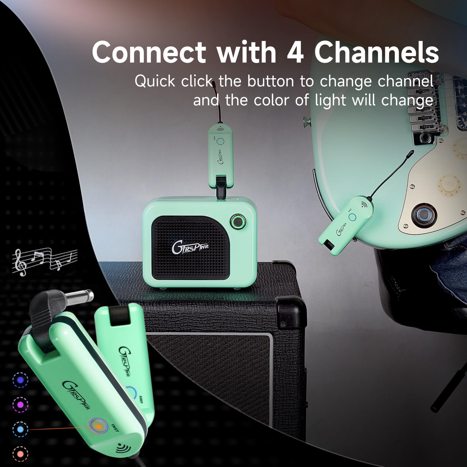 GTRS Wireless Guitar System 4 Channels Rechargeable Guitar Transmitter Receiver, Auto Match, Low Latency, 100 Feet Range, Stable Connectionfor Electric Guitars Bass and More(BLACK)