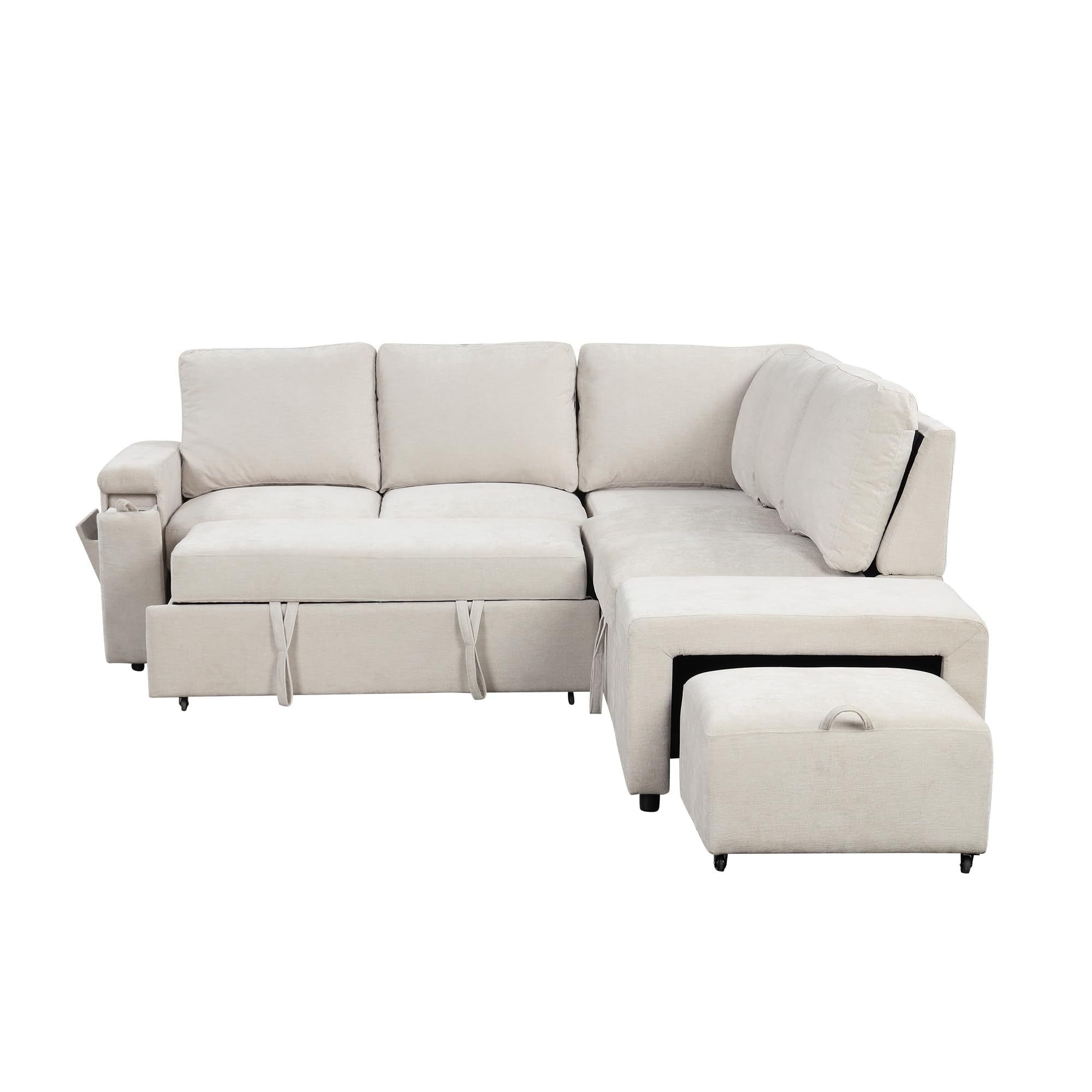 L-Shaped Corner Sectional Sofa Couch, Modern Padded Modular Sofa with Storage Space, USB Ports and Cup Holders on The Armrests, Suitable for Living Rooms, Offices, Apartments (Beige-87WD)