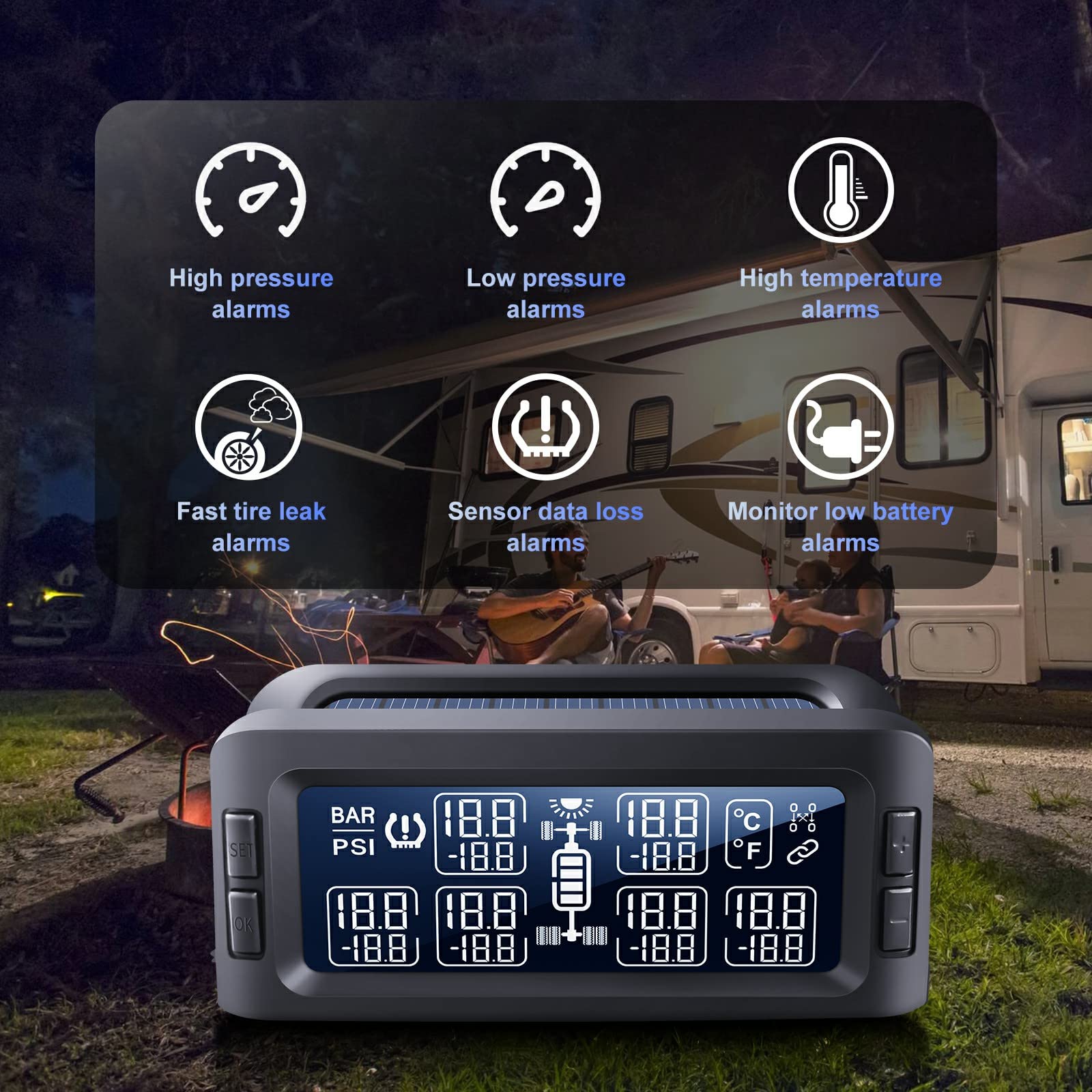 Easesuper Rv Tire Pressure Monitoring System, Large Screen Rv TPMS with 6 Flow Thru Sensors(0-199PSI) & Repeater,7 Alert Modes & Real Time Display Pressure&Tempereture, Auto Sleep,for Trailer,Truck