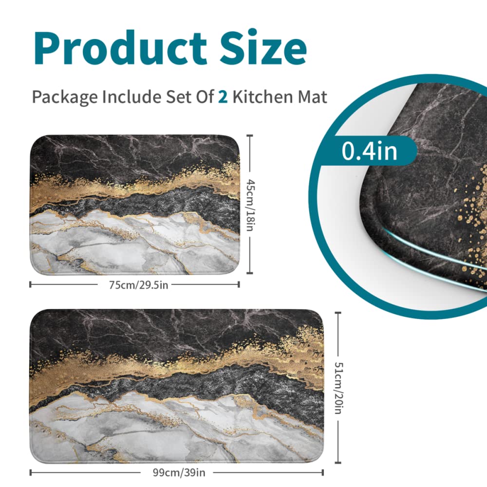 Harooni Marble Kitchen Mat 2 Pcs Anti Fatigue Black Gold Marble Kitchen Floor Mat Washable Water Absorbent Marble Look Kitchen Rugs for Bathroom Laundry Sink Kitchen Standing Mat