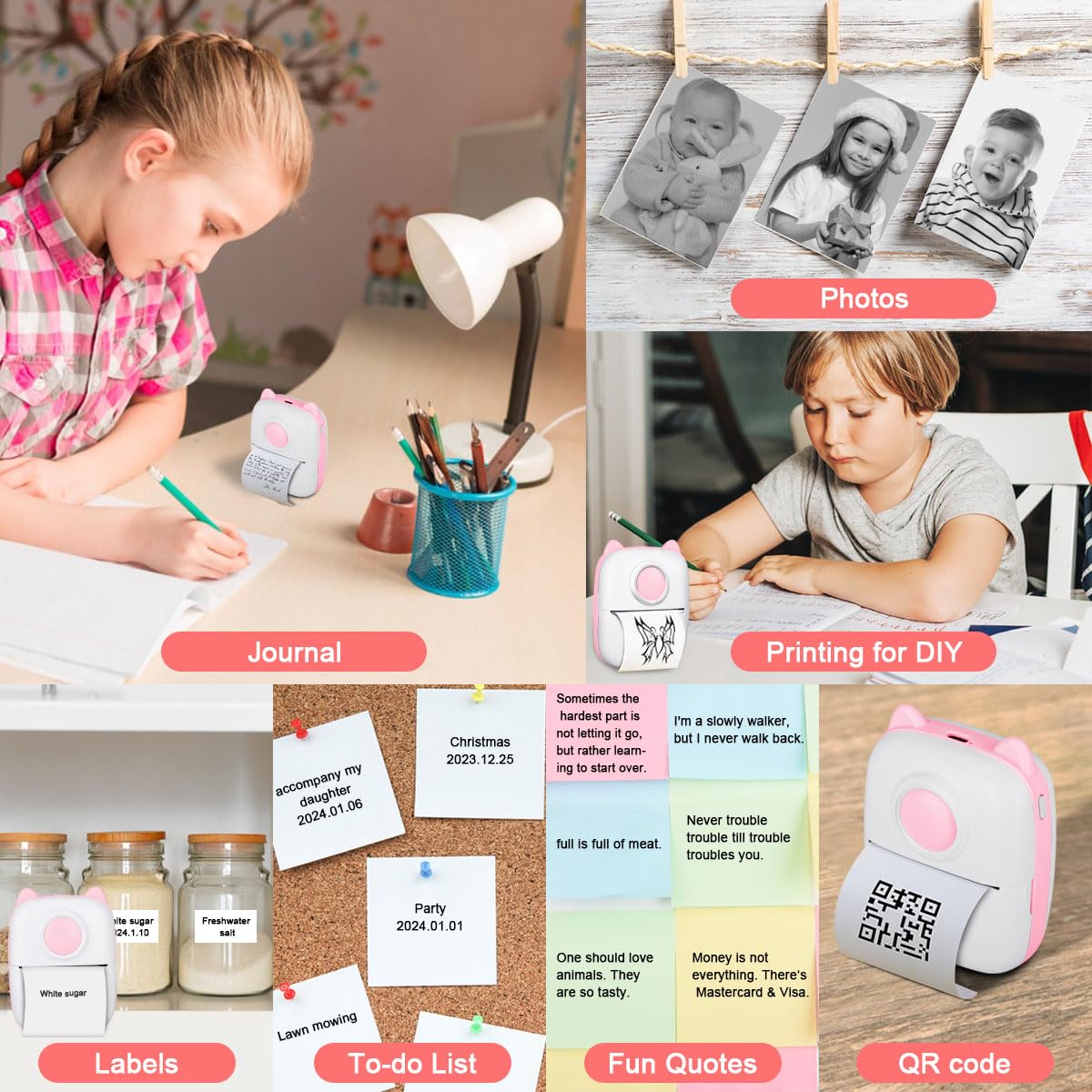 Mini Pocket Printer, Portable Thermal Printer with Printing Paper Compatible for Android iOS APP, Bluetooth Wireless Inkless Sticker Printer Gift for Kids,Handheld Printer for Home Office Study,Pink