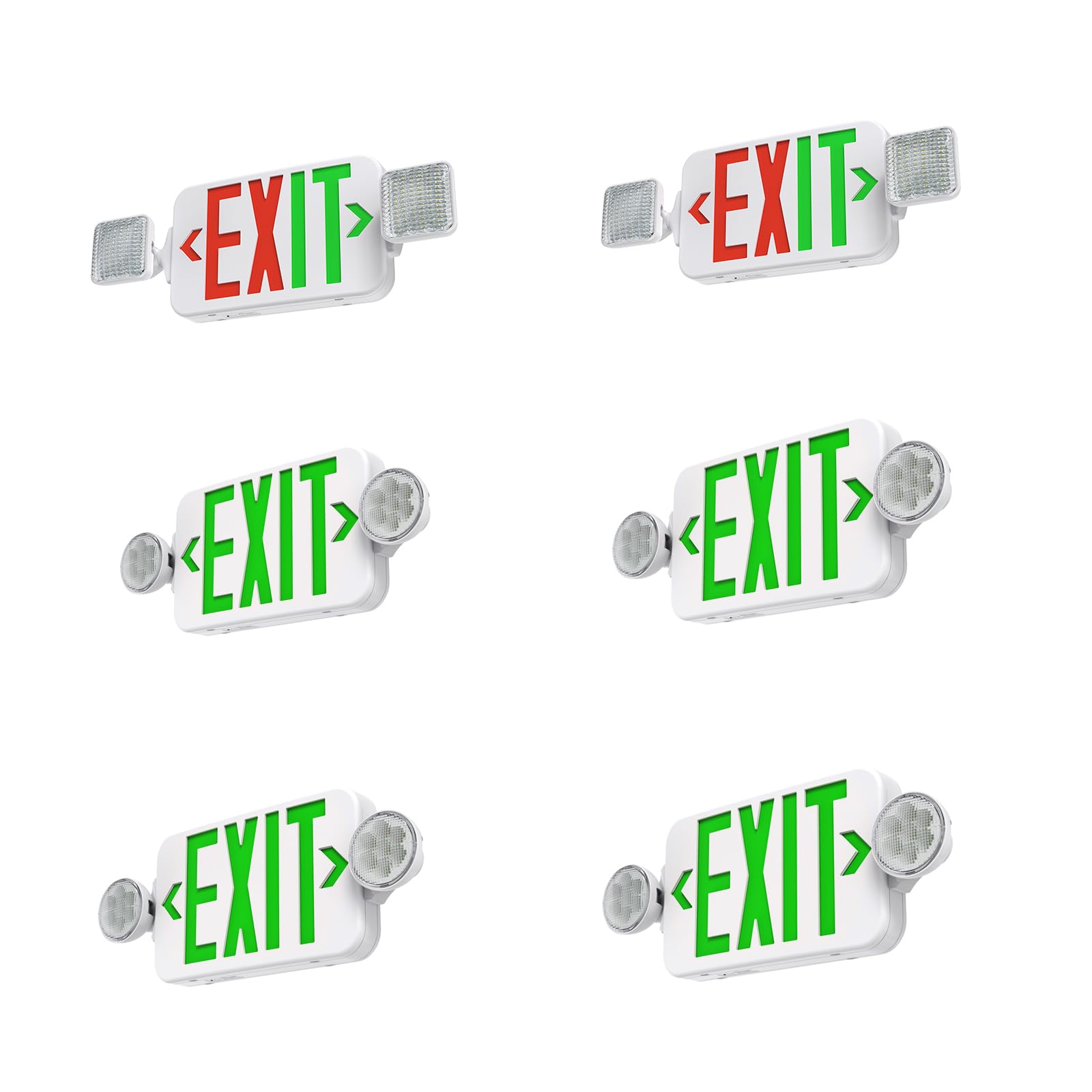 SASELUX 2 Pack Switchable Red/Green, Double Sided and Battery Backup Exit Light Bundle 4 Pack Exit Sign with Emergency Lights, Two LED Adjustable Head Emergency Exit Light with Battery