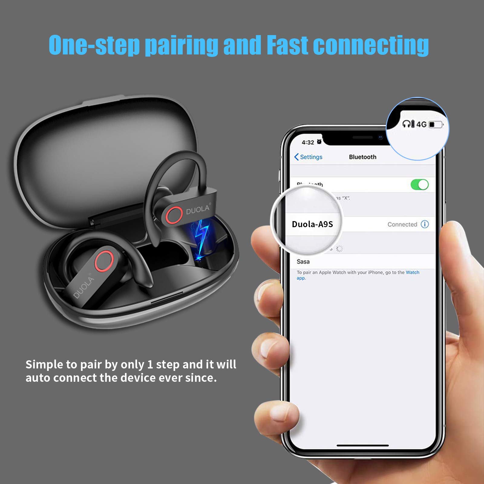 Duola Bluetooth 5.0 Earbuds with Ear Hook, Sport Wireless Headphones, Noise-Cancelling, 8 Hours Playtime, High Stereo-Sound Quality, Compatible with iOS/Android/Windows, Black