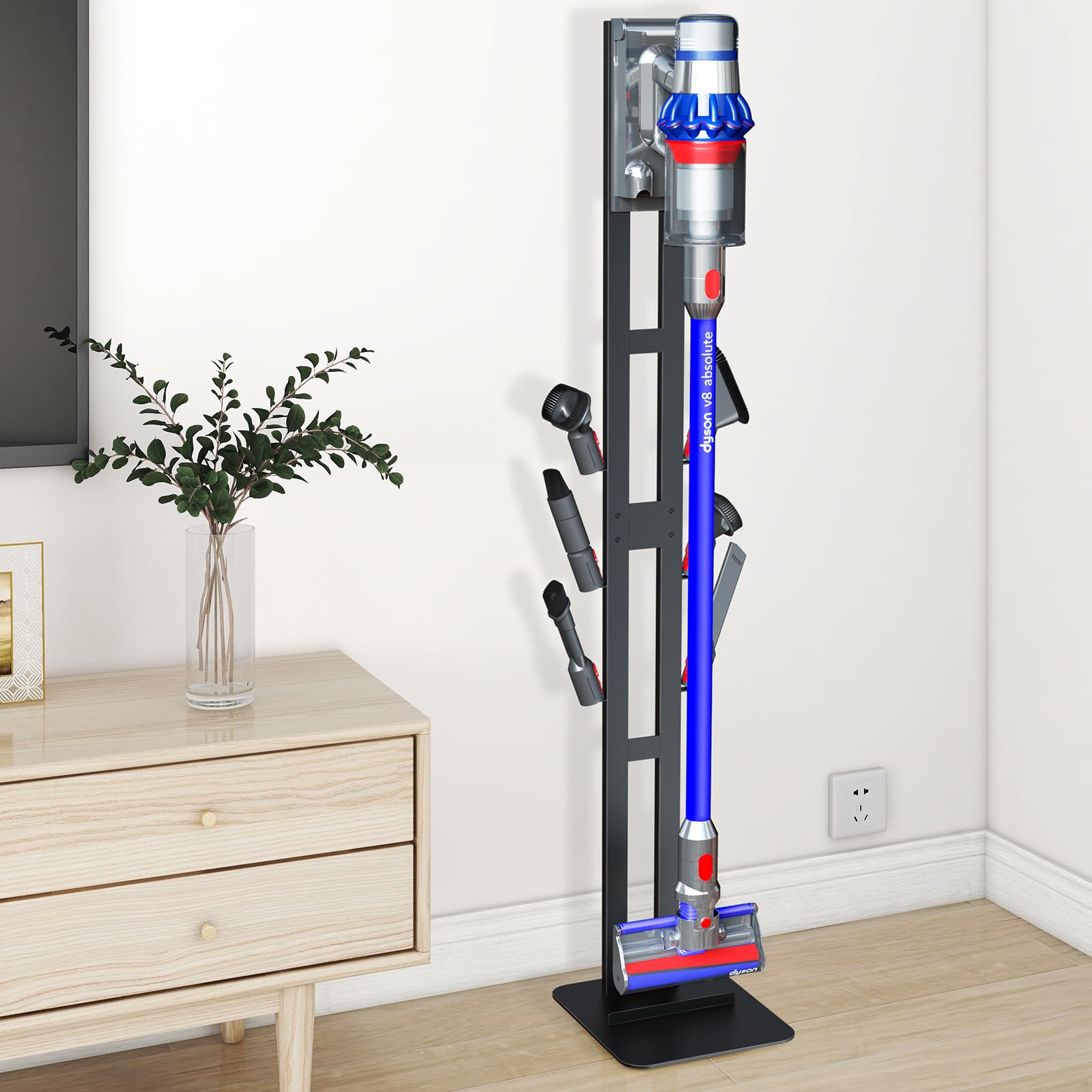 Docking Station Holder Vacuum Stand Rack Compatible with V15 Detect, V11 V10 V8 V7 V6 Cordless Vacuum Cleaners, Floor Docking Station Metal Organizer Bracket with 6 Hooks, Matte Black