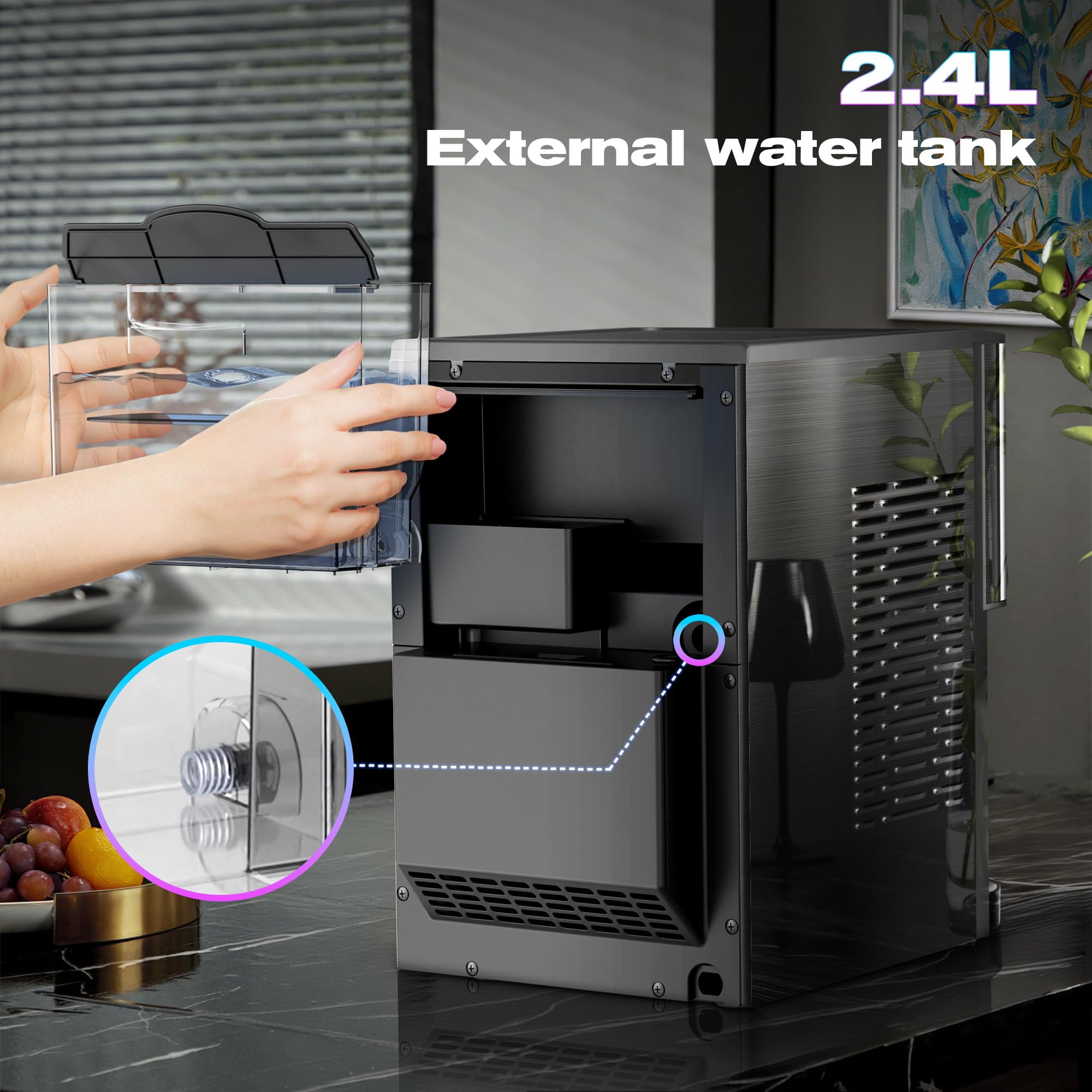 Nugget Ice Makers Countertop, Pebble Ice Maker Machine with Self-Cleaning, 50lbs/24H, Stainless Steel Housing, Pellet Ice Maker with 2.5qt Water Reservoir, Crushed Ice Maker for Home & Kitchen(Black)