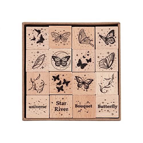 RISYPISY 16PCS Vintage Wooden Rubber Stamps, Butterfly & Wings Decorative Rubber Stamp for DIY Crafts, Card Making, Journals, Calendar, Photo Album