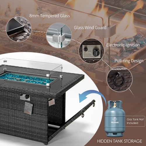High-Craft 43'' Rectangular Patio Propane Fire Pit Table Gray PE Wicker 55,000 BTU H-Burner Dural Heating Outdoor Firepits 8mm Glass Top & Aluminum Frame Anti-Rust with Cover & Windguard