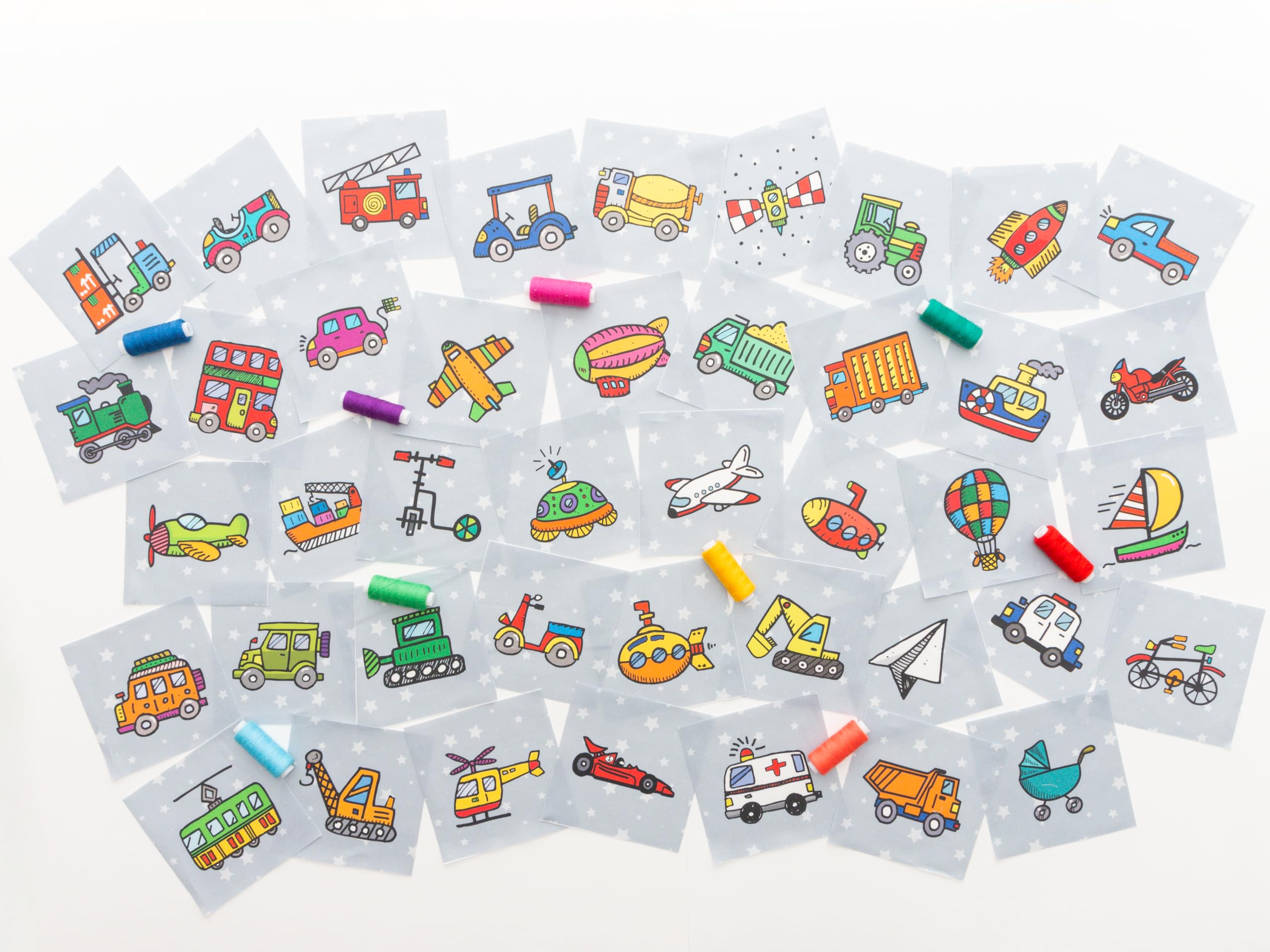 Lalikul Fabric Transport & Vehicles, 100% Cotton Charm Packs, 42 Different Motifs, Fat Quarters, Ideal for Quilts, Sewing, Blankets, I Spy Games for Kids, 5" x 5" Squares.