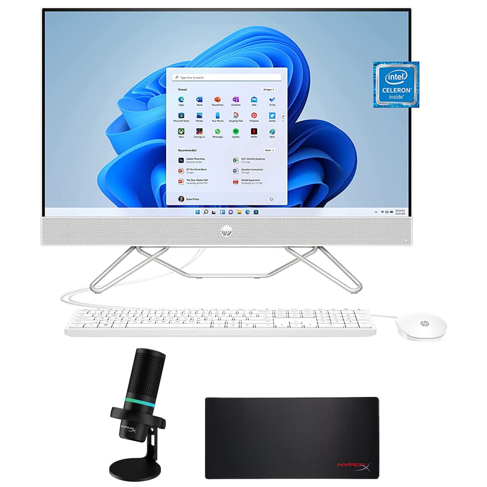HP 577C3AA#ABA 23.8" Intel Celeron J4025 8GB/256GB SSD All-in-One Desktop PC Bundle with HyperX DuoCast RGB USB Gaming Condenser Microphone, Black and Fury S Pro X-Large Gaming Mouse Pad (Renewed)