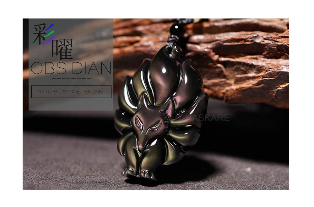 HASKARE Natural Energy Stone Pendant Engraved Black Obsidian Healing Necklace Adjustable (Multi, Charm Fox)