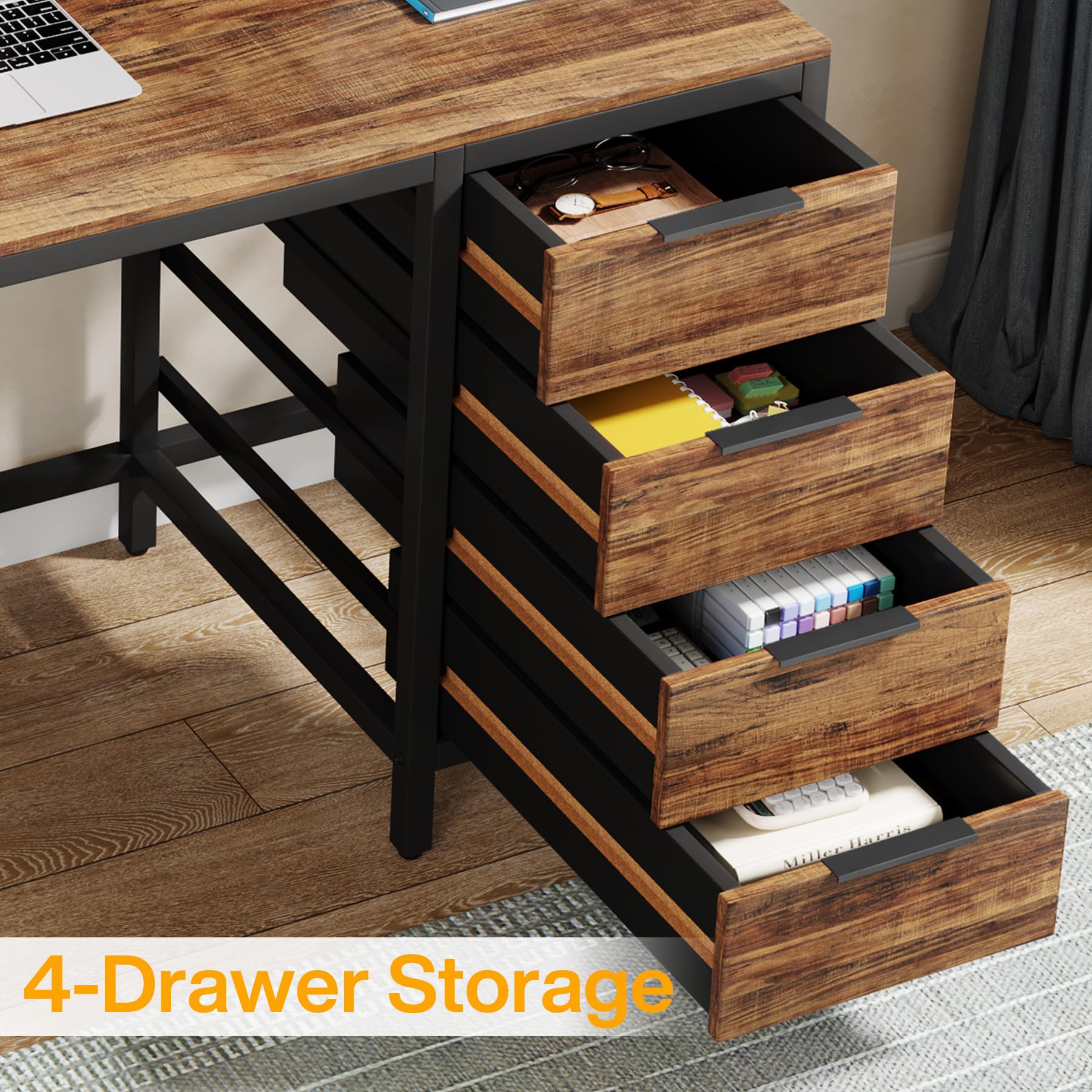 Tribesigns Computer Desk with 4 Drawers, 47 Inches Home Office Desk with Hutch and Storage, Industrial Gaming Desk PC Desk with Pegboard Study Writing Table Workstation for Home Office, Brown & Black