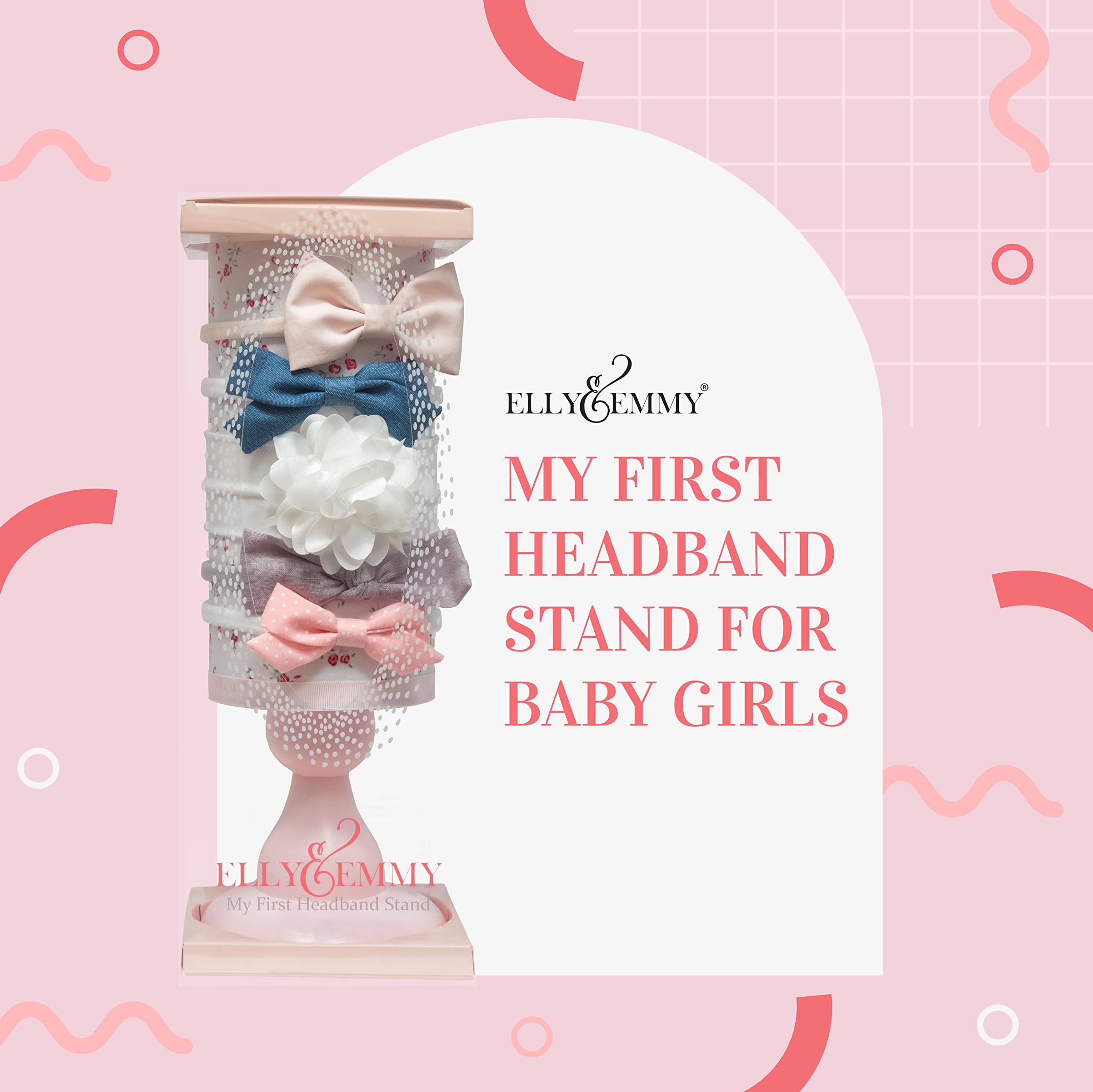 Elly & Emmy My First Headband Stand for Girls, Includes 5 Headbands, Pink with Floral Print