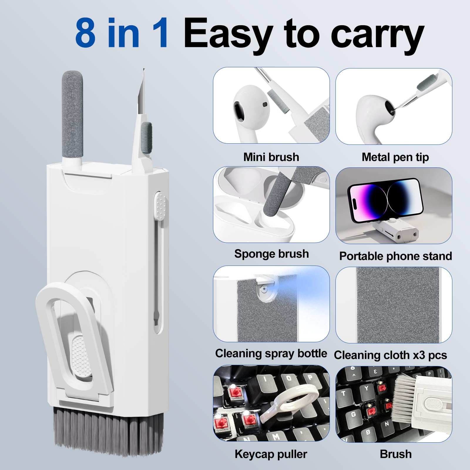 EMART Airpod Cleaner Kit, 8 in 1 Cleaning Kit for Airpods Pro 1 2 3, Laptop, Keyboard, Earbud, Phone Cleaner Tools, Extra Plus 2pcs Cleaner Cloth for Screen (White)