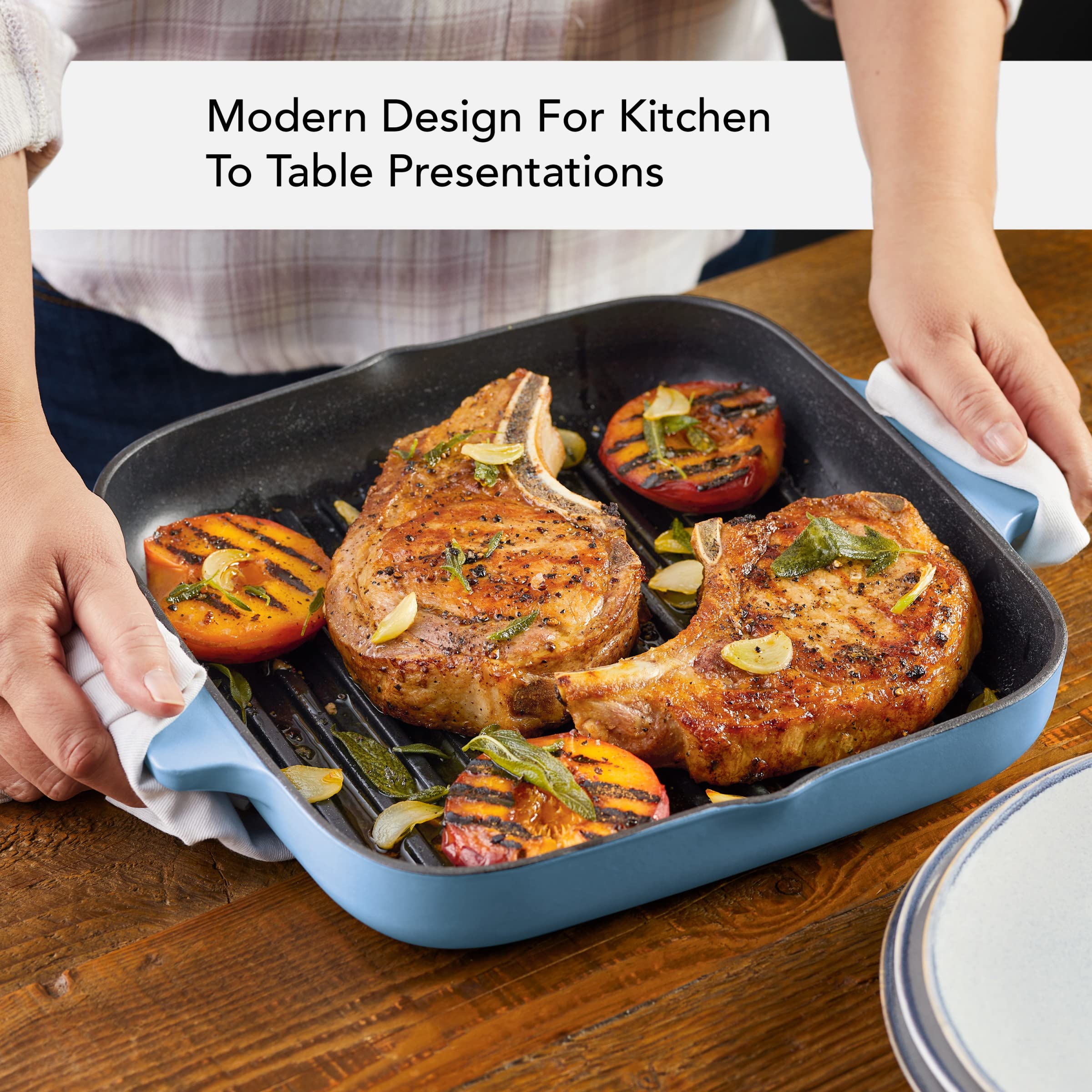 KitchenAid Enameled Cast Iron Square Grill and Roasting Pan, 11 Inch, Blue Velvet