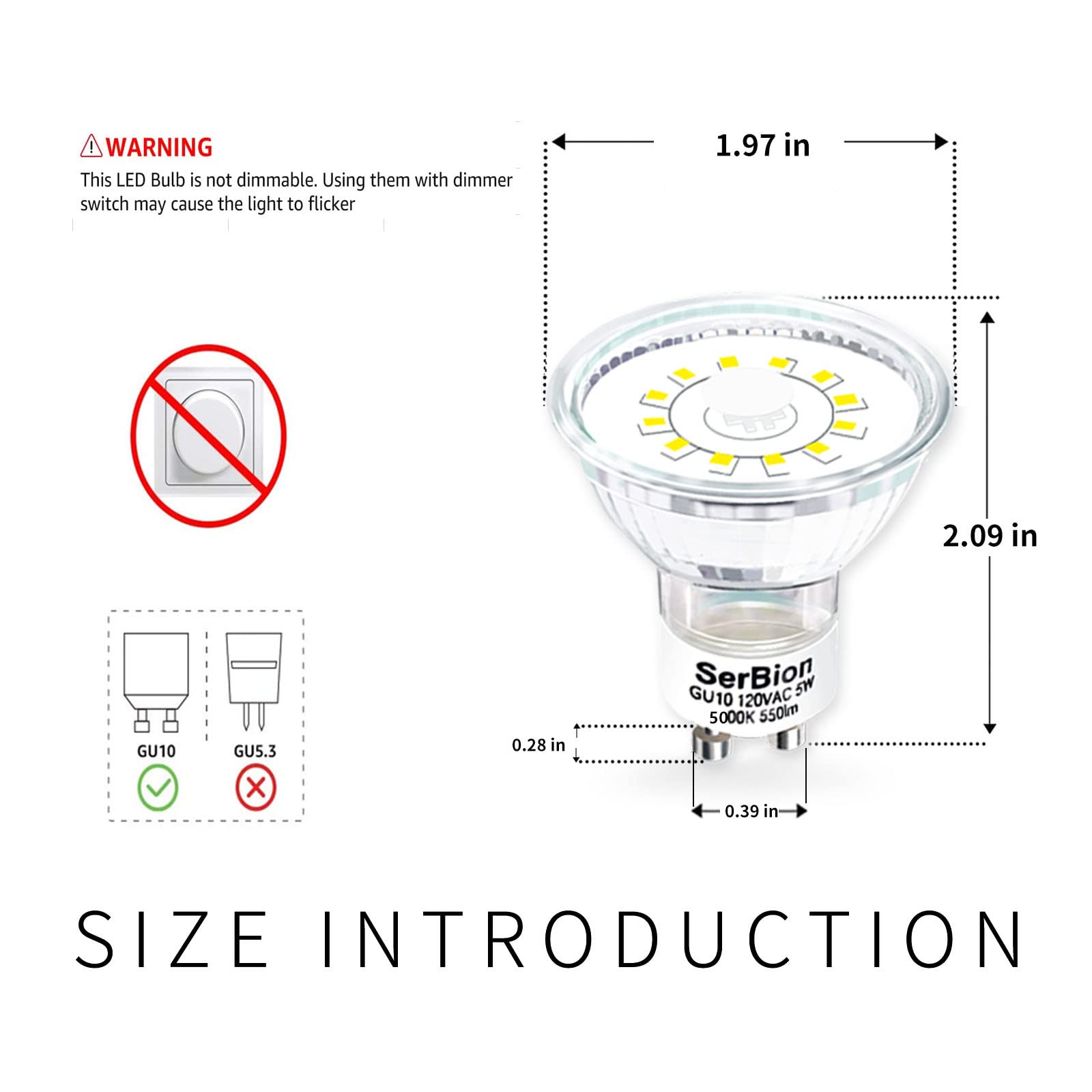 GU10 LED Bulb - 5W GU10 LED Light Bulb - MR16 Bulbs - 50W Halogen Equivalent - LED Bulbs Replacement for Recessed Track Lighting - Non Dimmable - 120° Flood Beam Angle - 6 Packs (Daylight White)