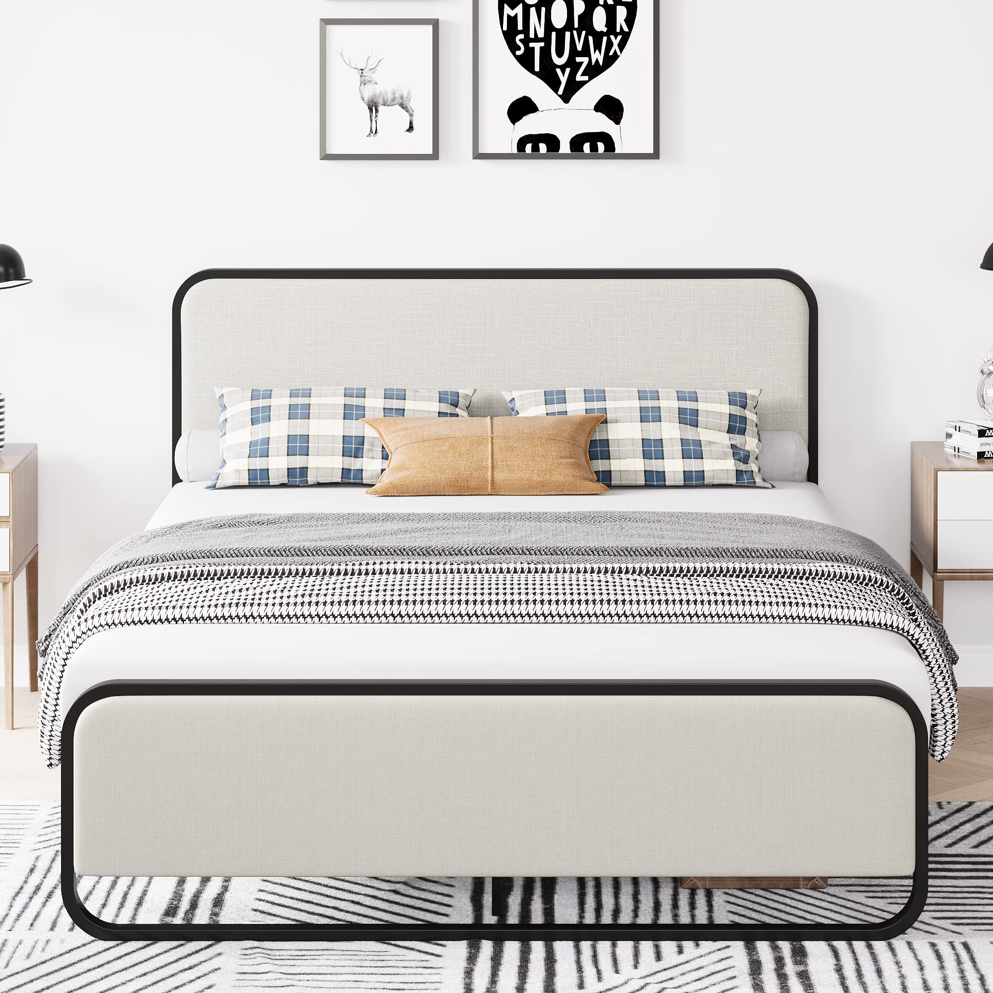 IDEALHOUSE Queen Size Bed Frame with Upholstered Headboard and Footboard, Metal Platform Bed with Curved Headboard, No Box Spring Needed, Beige
