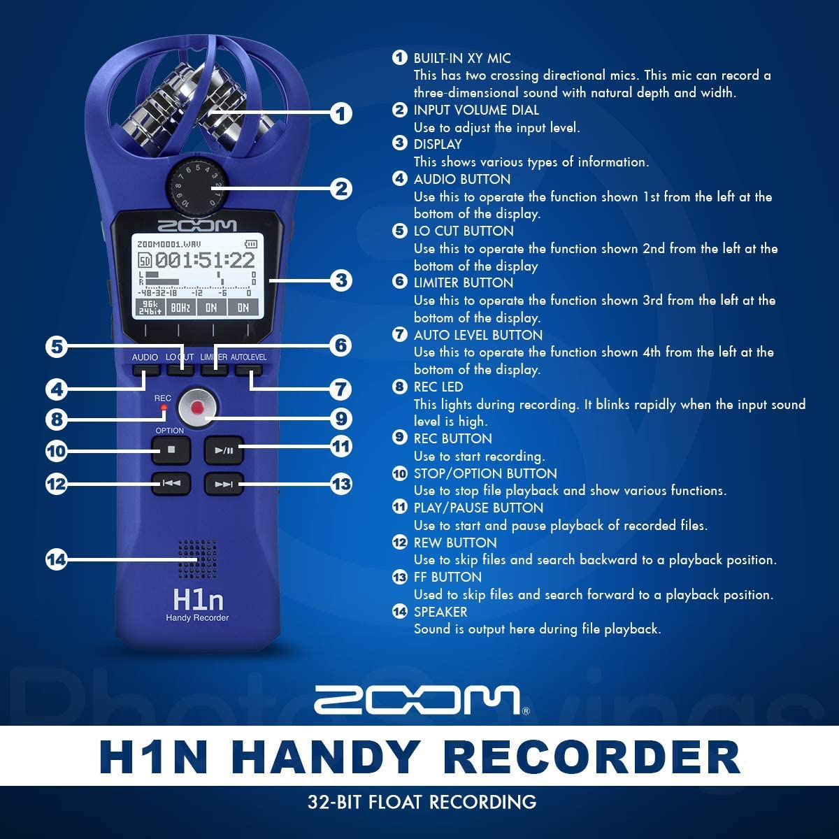 Zoom H1n 2-Input / 2-Track Portable Handy Recorder with Onboard X/Y Microphone (Blue) + Xpix Professional Lavalier Microphone, Stereo Headphones, 32GB SD Card, AAA Batteries & Charger & Accessories
