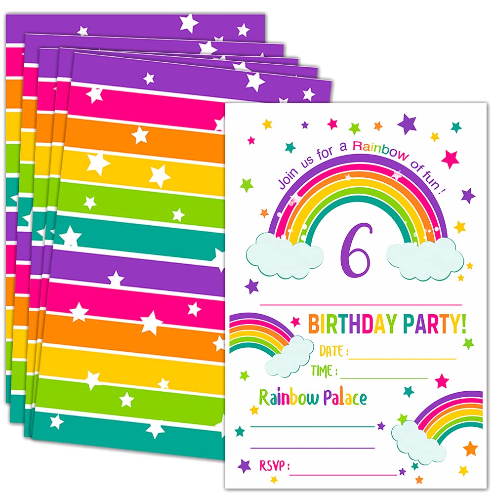 ukebobo 6th Rainbow Birthday Party Invitations with Envelopes – Birthday Party Invitations, Rainbow Party Decorations– 20 Cards With Envelopes（c03-06